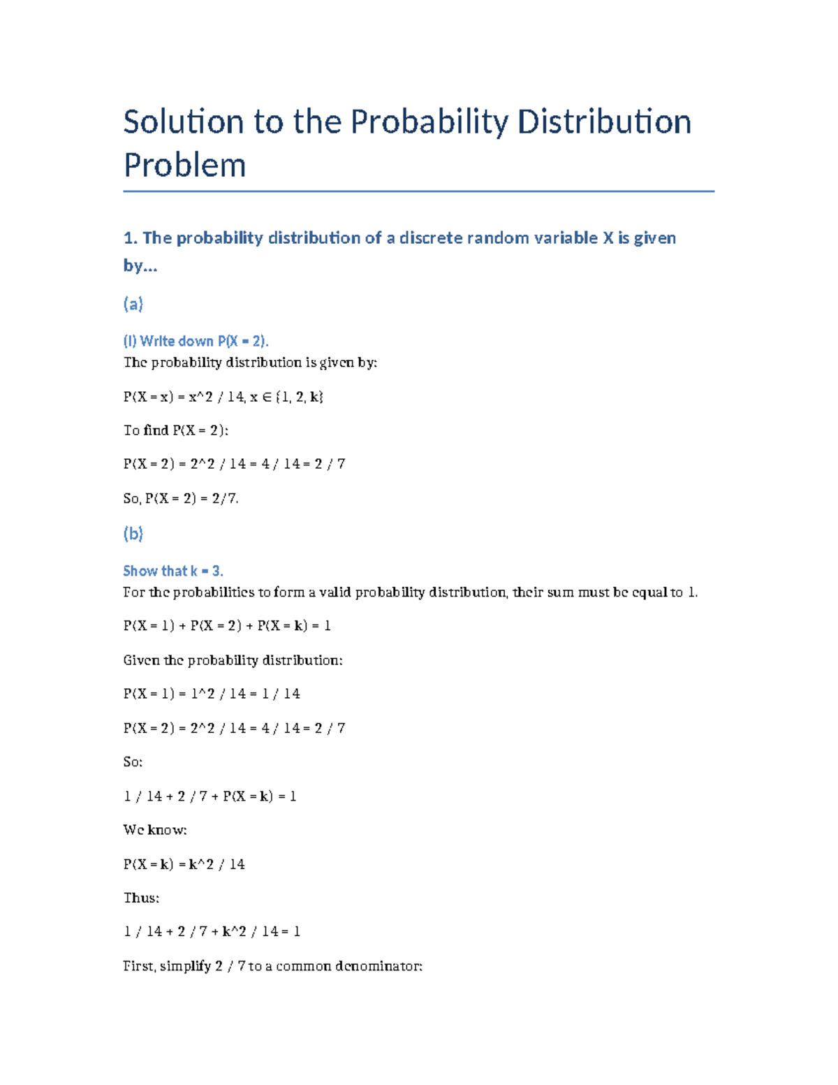 statistics assignment1 - Solution to the Probability Distribution ...