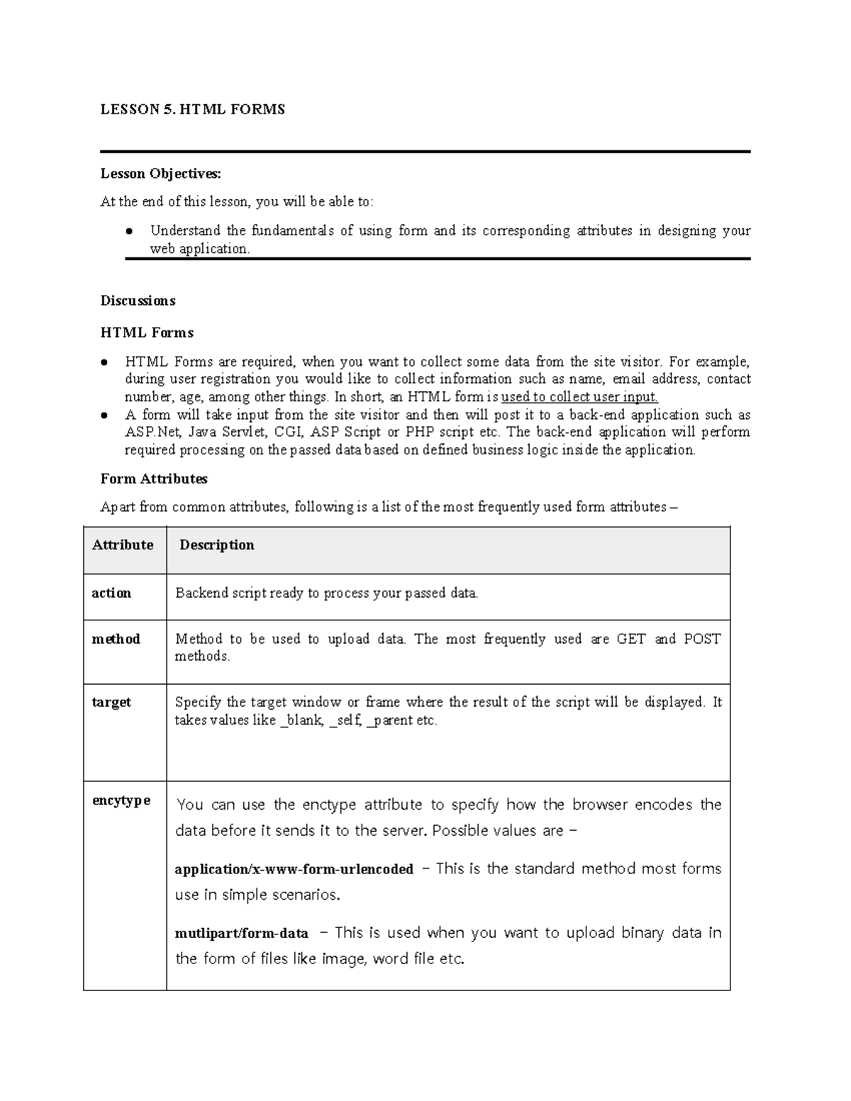 IT221 Lesson 5 - n/a - LESSON 5. HTML FORMS Lesson Objectives: At the ...
