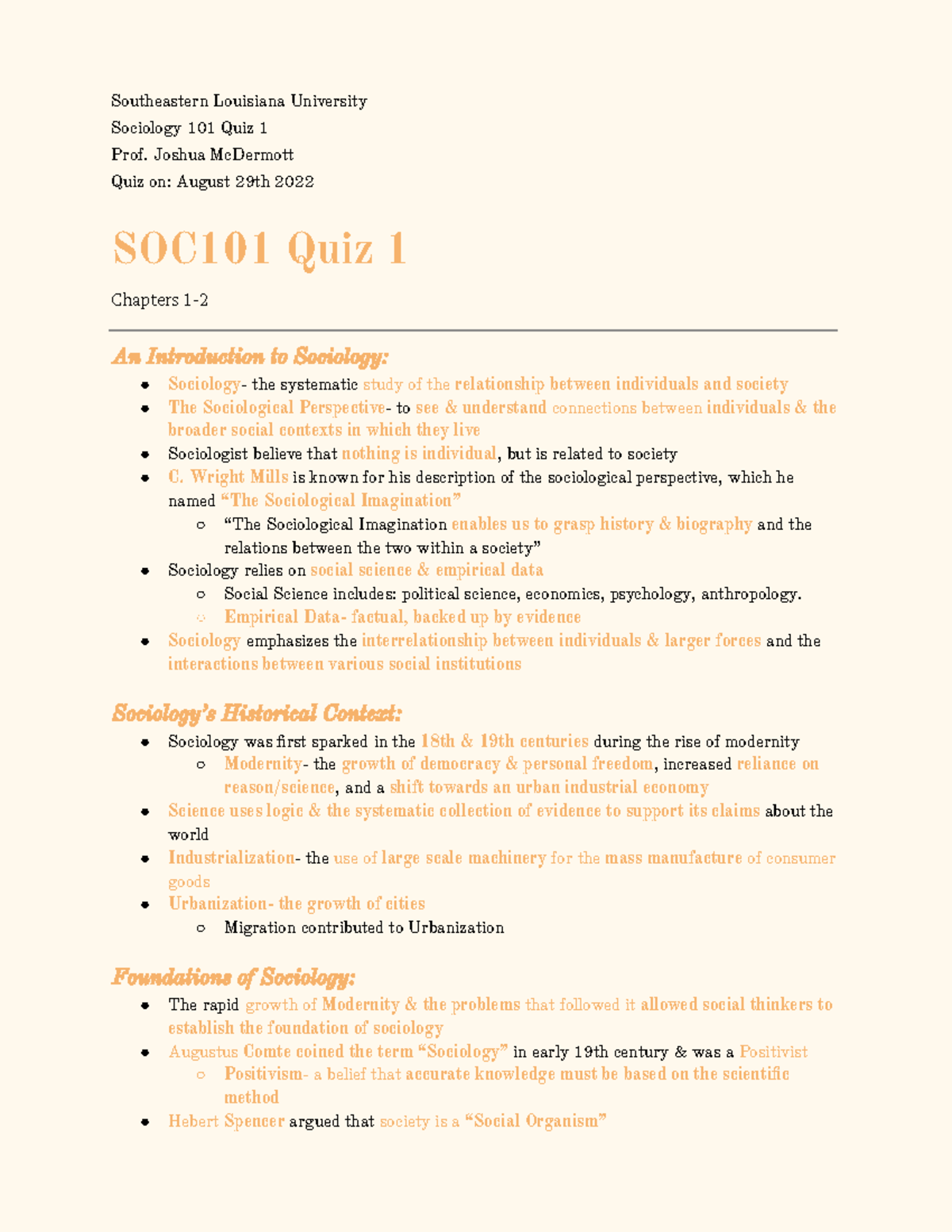 Soc101 Quiz 1 - Prof. McDermott's lecture notes combined into a study ...