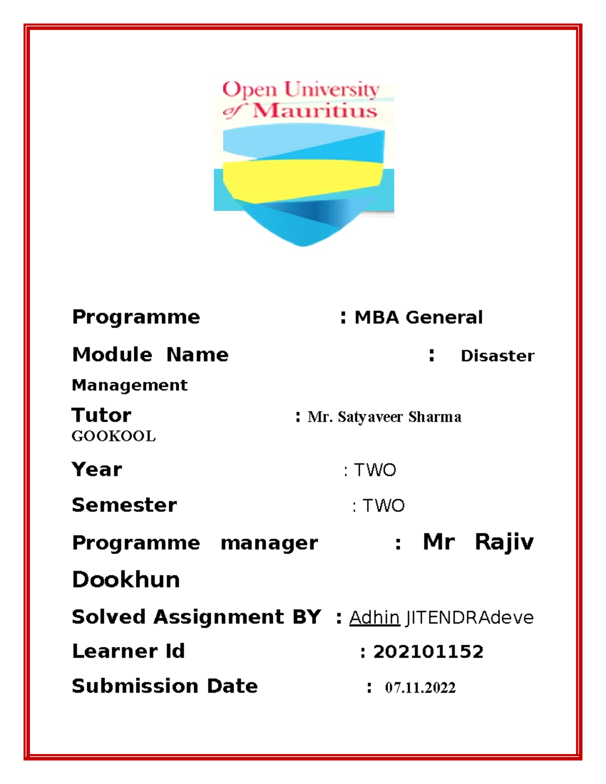 Disaster mgt assignment - Programme : MBA General Module Name ...