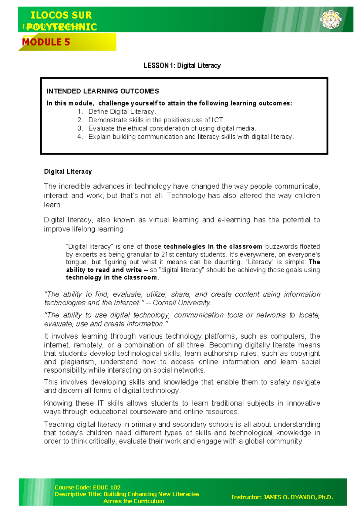 Digital Literacy - Lakksxkkckd - POLYTECHNIC STATE COLLEGE TAGUDN ...