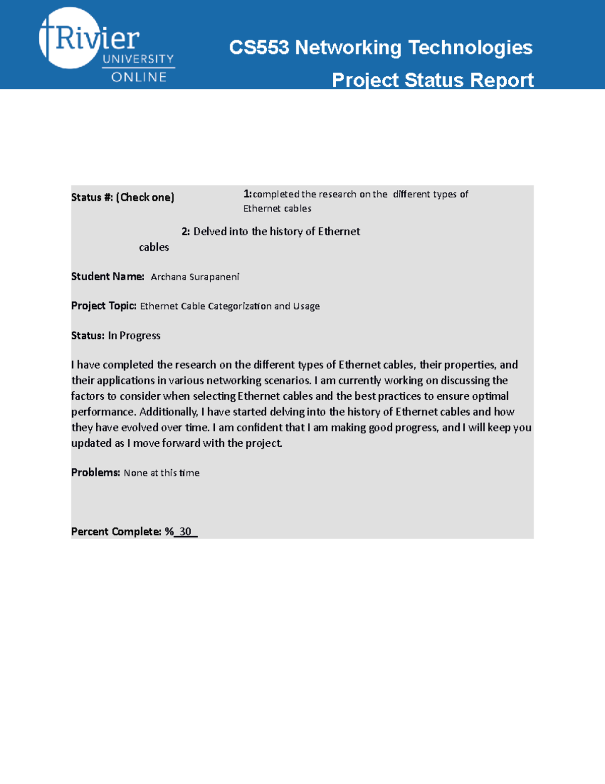 CS553 Final Project Status Report-1 - CS553 Networking Technologies Project Status Report - Studocu