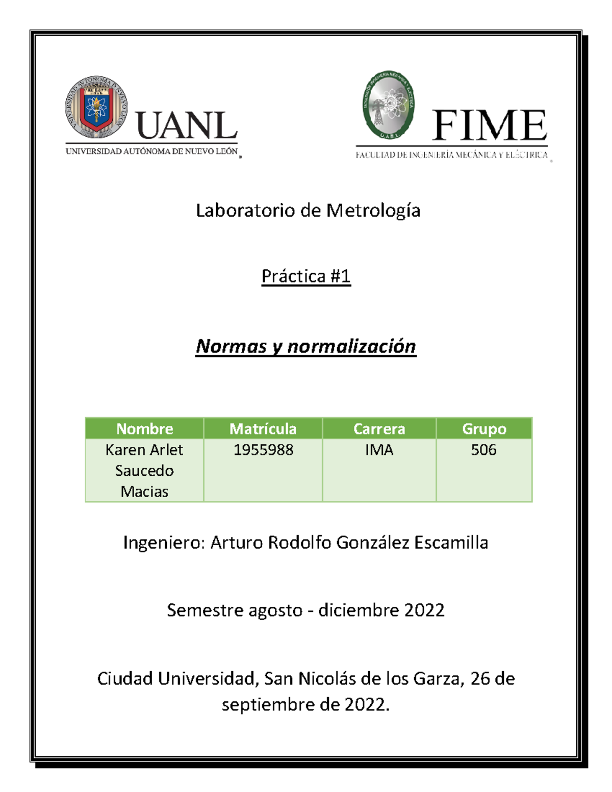 Práctica #1-1955988 - UANL FIME - Laboratorio de MetrologÌa Pr·ctica Normas y normalizaciÛn ...