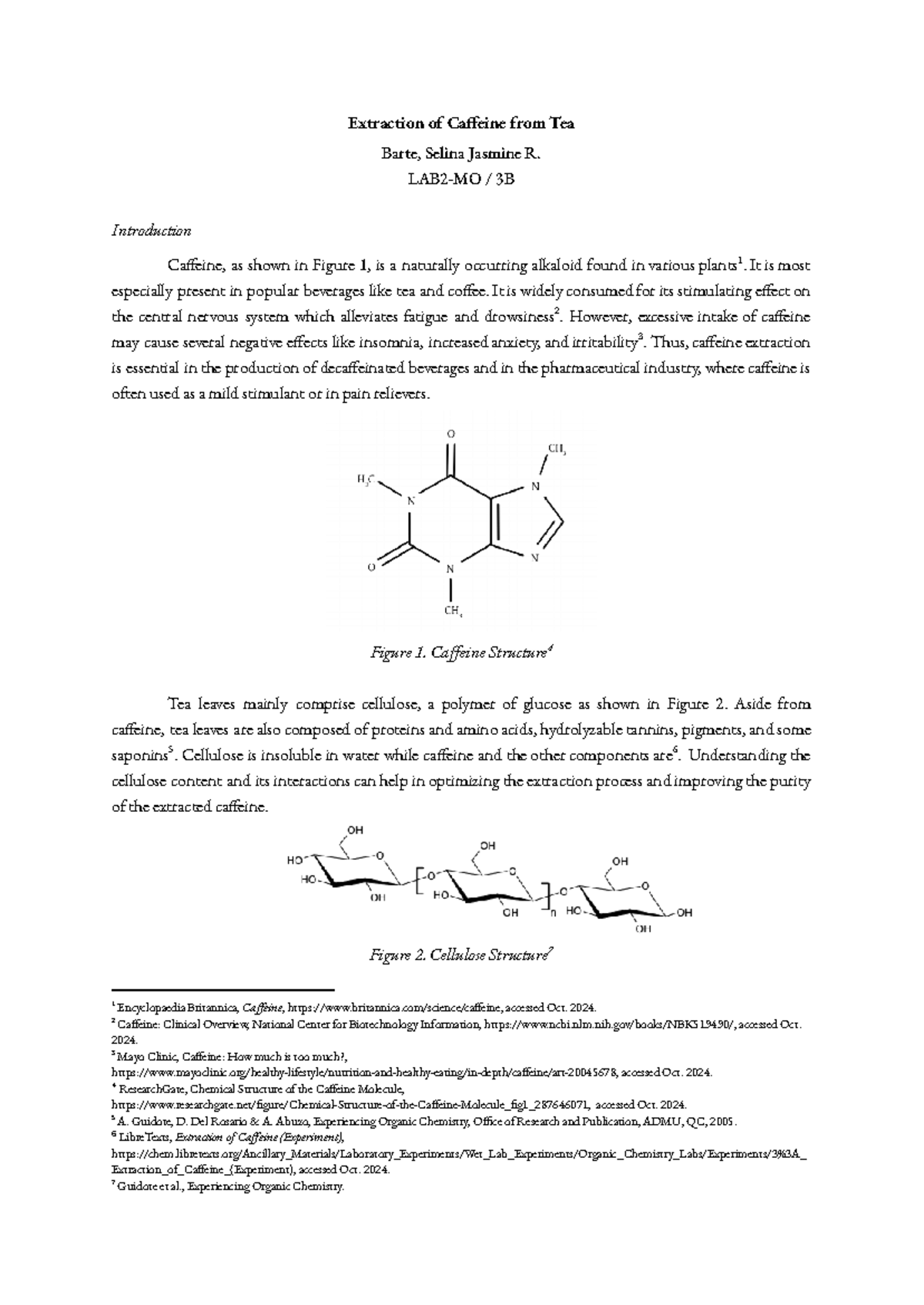 Experiment 3 Caffeine Extraction Extraction Of Caeine From Tea Barte Selina Jasmine R Lab2