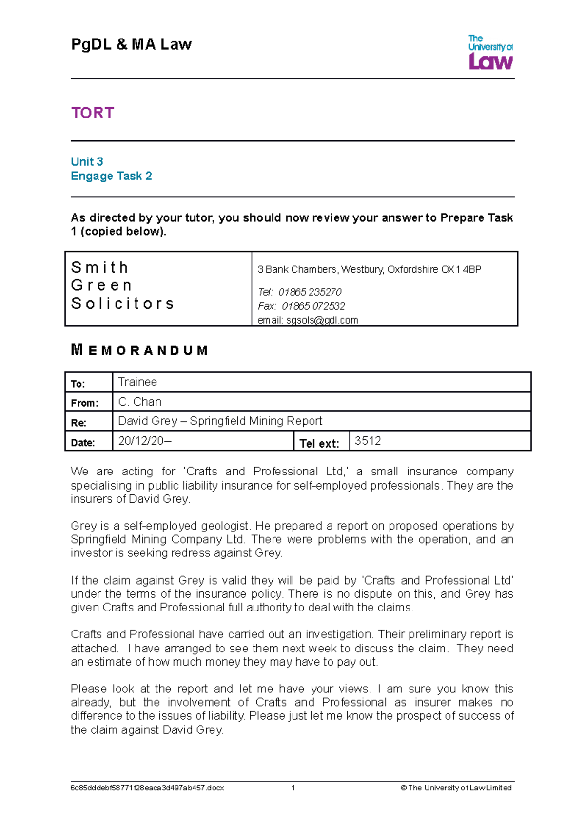 Tort unit 3 engage task 2 - PgDL & MA Law TORT Unit 3 Engage Task 2 As ...