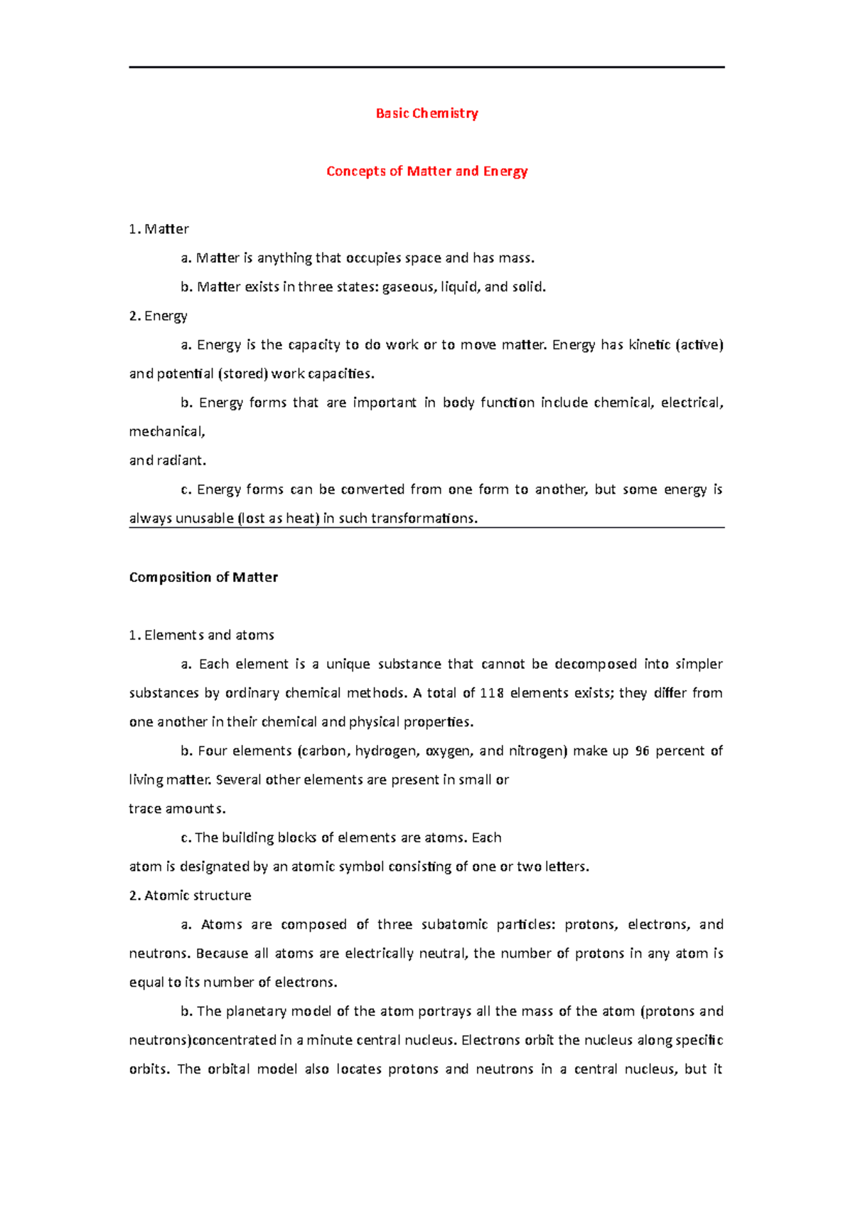 Med Tech- Basic Chemistry - Anatomy Notes - Basic Chemistry Concepts of ...