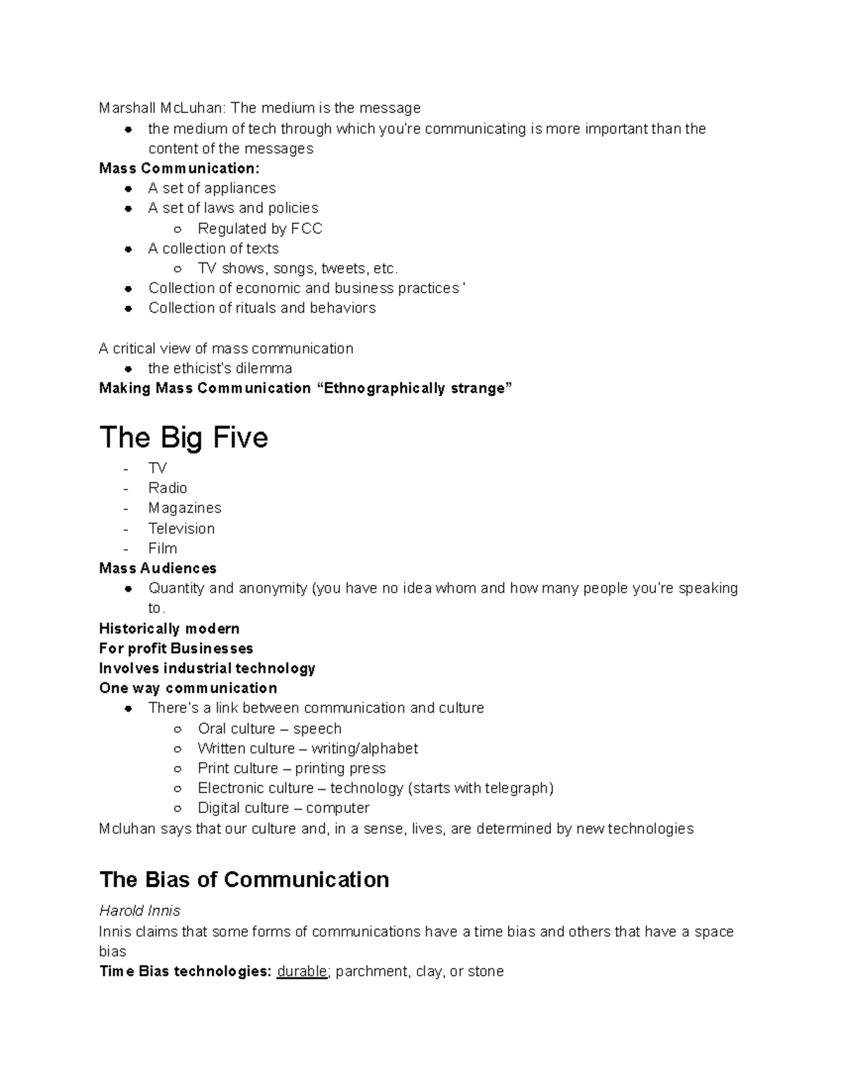 Mass Media and Communication Notes (Up until Midterm 1) - Marshall ...