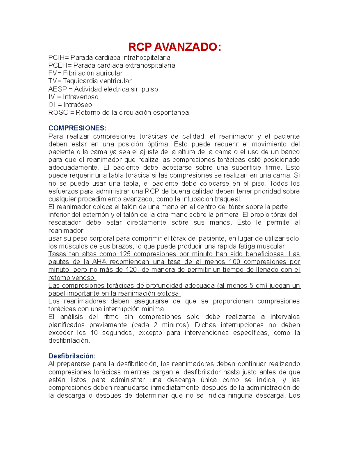 RCP Avanzado - RCP AVANZADO: PCIH= Parada cardiaca intrahospitalaria ...