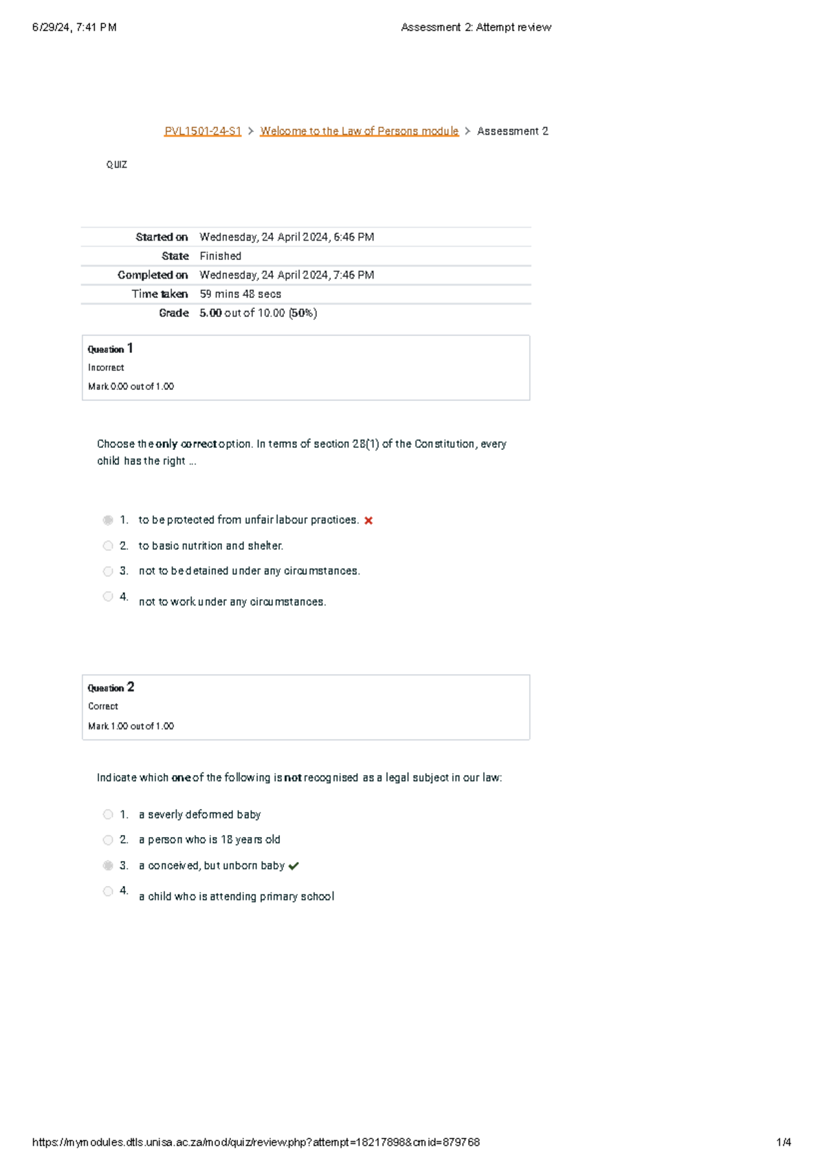 PVL 1501 Assessment 2 Attempt 2 - PVL1501-24-S1 Welcome to the Law of Persons module Assessment ...