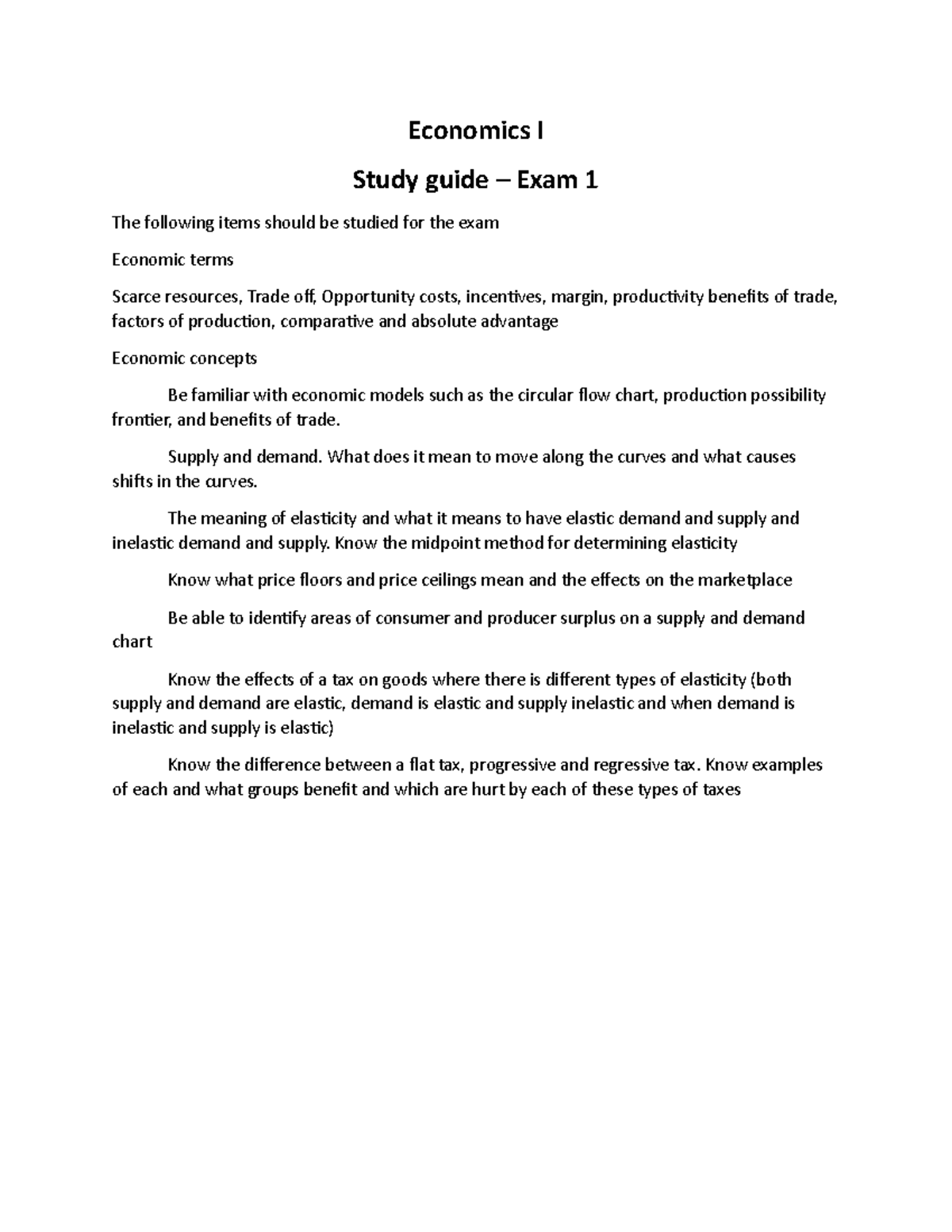 Econs - Study Guide - Economics I Study guide – Exam 1 The following ...