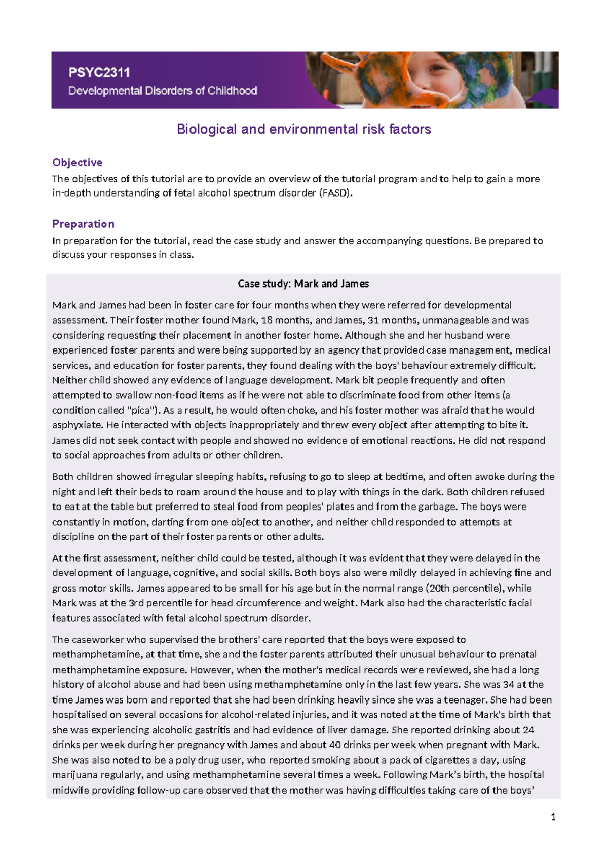 PSYC2311 Tutorial Worksheet - Biological and environmental risk factors ...