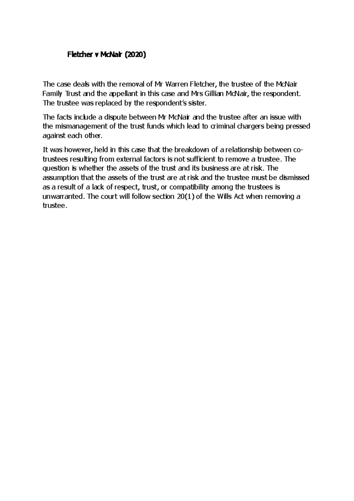 Fletcher v Mc Nair - MC/PC 16 IURI 374 - NWU - Studocu