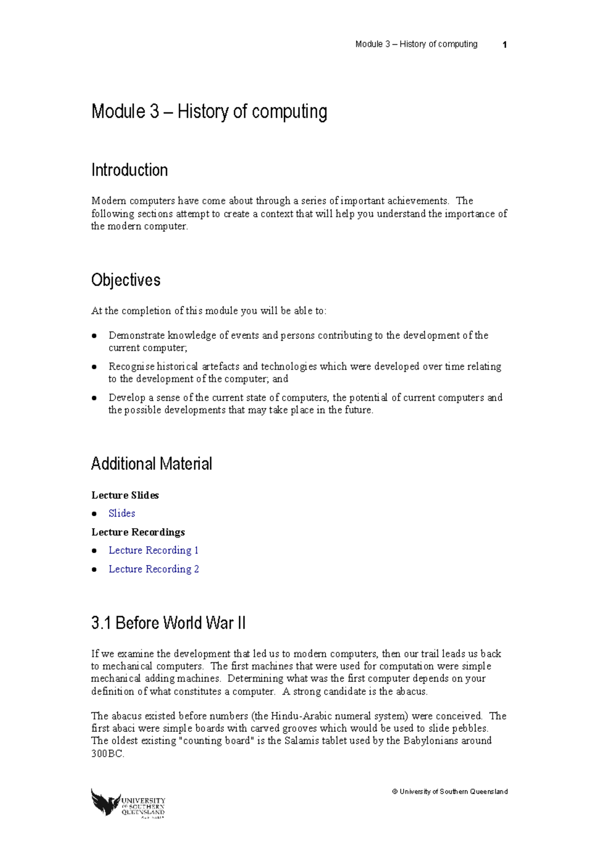 Module 03 - Module 3 History of computing 1 Module 3 History of ...