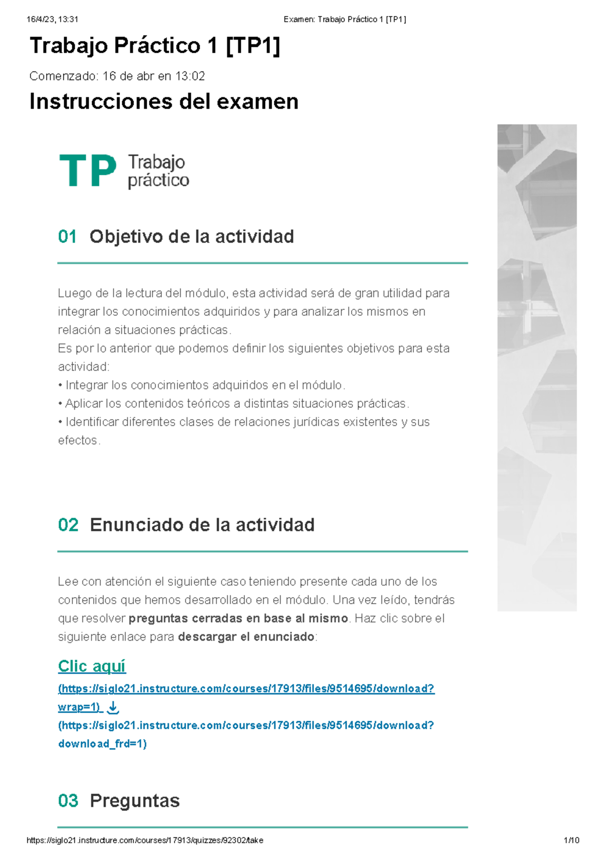 Examen TP 1 [TP1] oblig. nestor 85 - Trabajo Práctico 1 [TP1] Comenzado: 16 de abr en 13: - Studocu