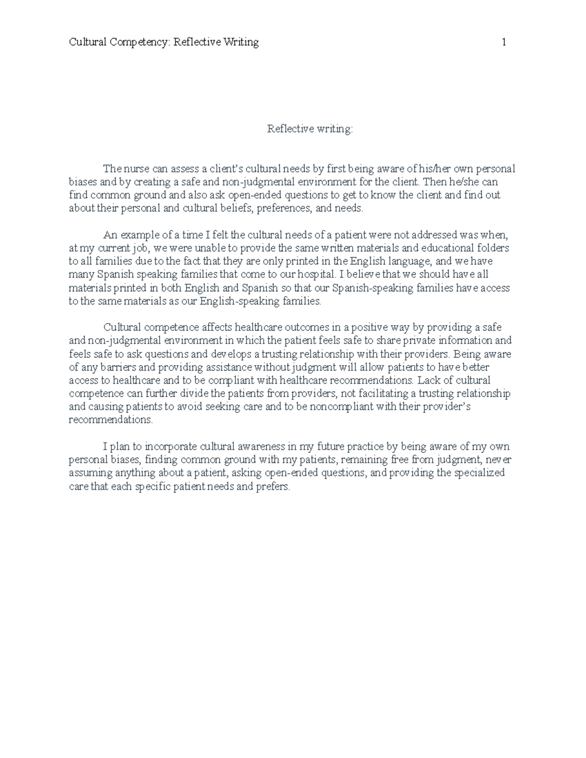 Cultural Competency writing - Cultural Competency: Reflective Writing 1 ...