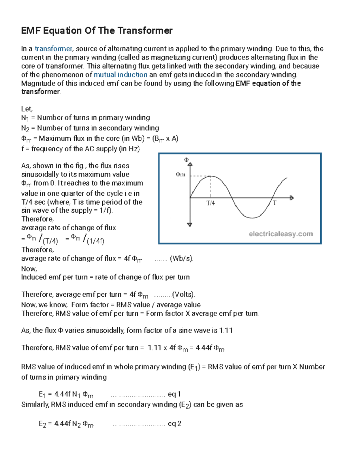 EMF Equation Of The Transformer - Due to this, the current in the ...