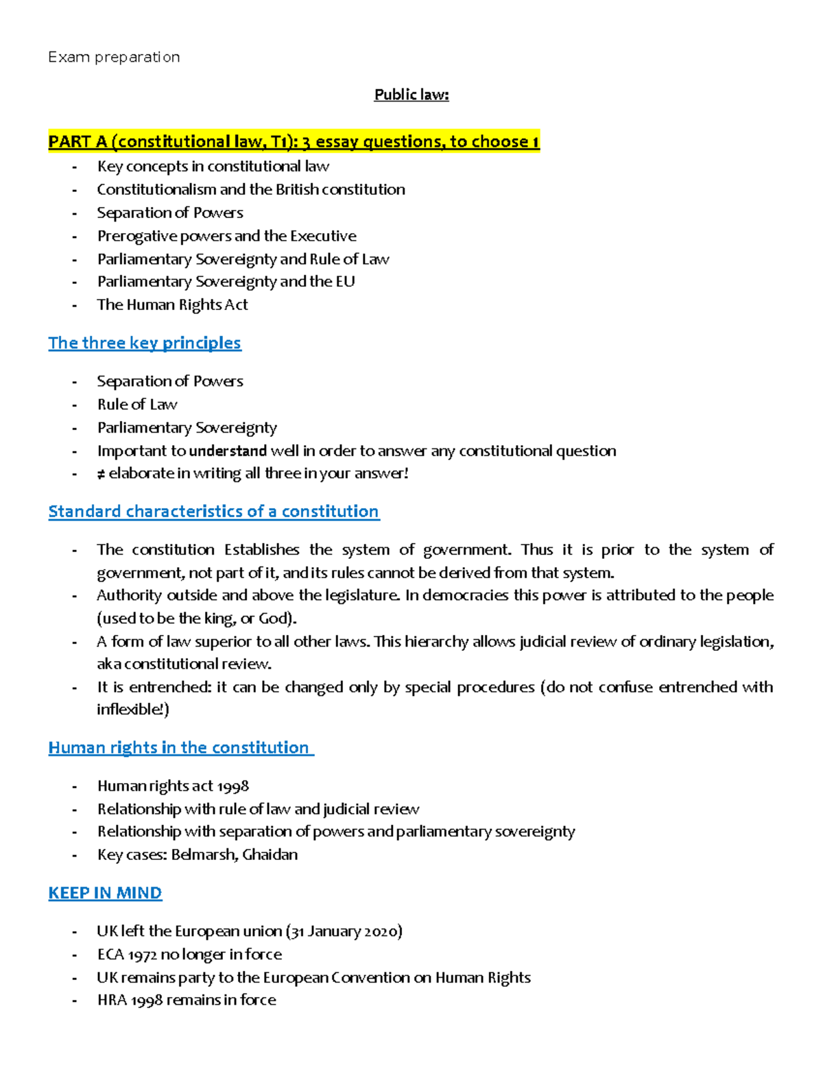 Pl Exam revision - pl law notes - Exam preparation Public law: PART A ...