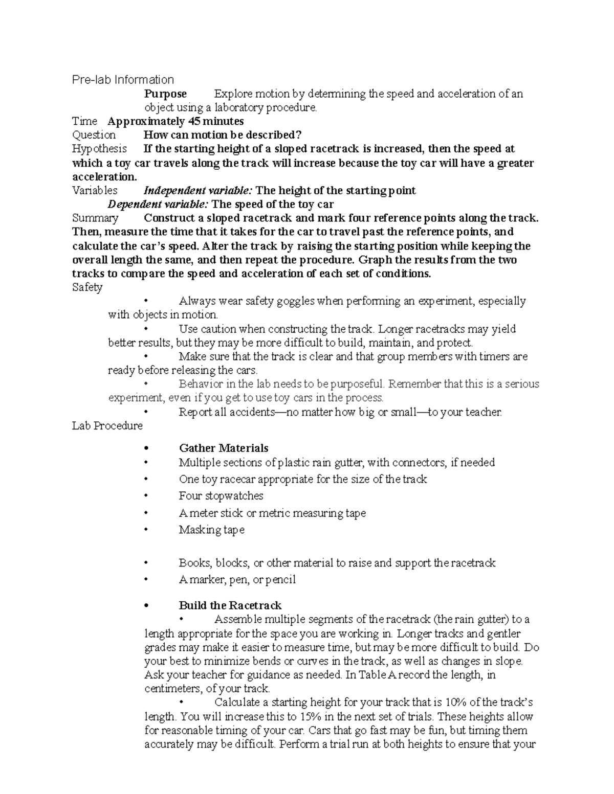 Lab-Motion-student guide - Pre-lab Information Purpose Explore motion by determining the speed ...