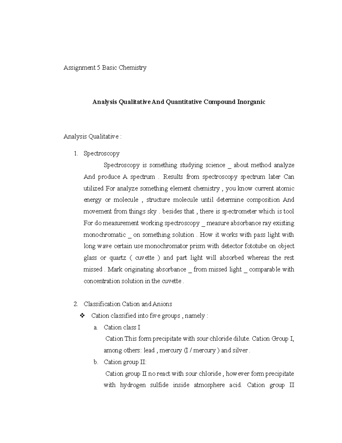 Cation group IV no react with reagent groups - Assignment 5 Basic ...