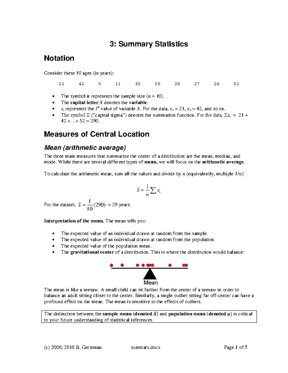 Sumstats - 3: Summary Statistics Notation Consider these 10 ages (in ...
