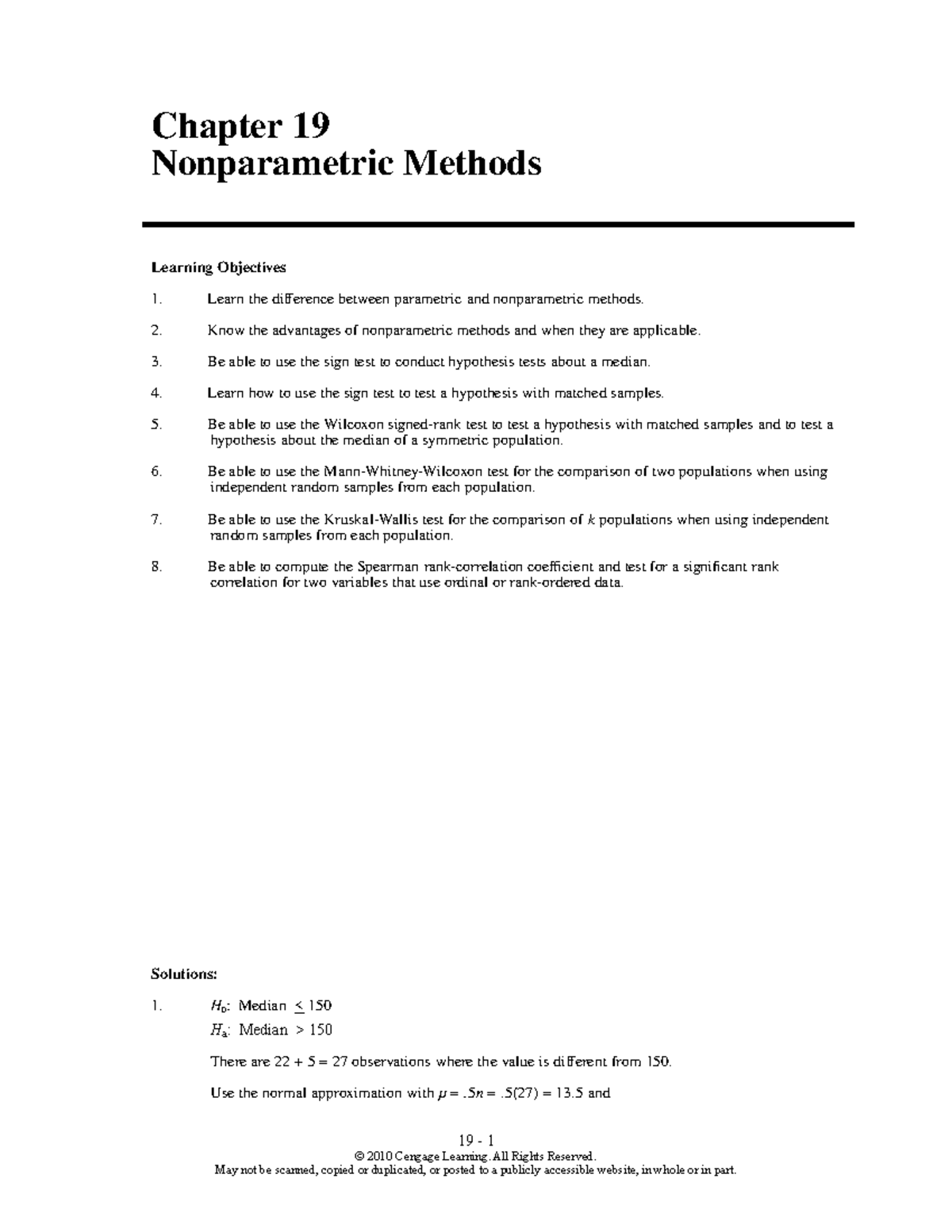 19 SBE11e SM Ch19 - Chapter 19 Nonparametric Methods Learning Objectives Learn the difference ...