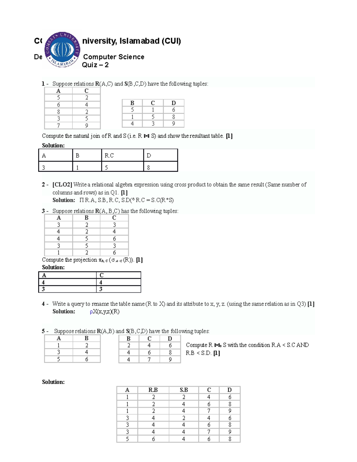 Quiz-2 Solution -2023 - ... - + COMSATS University, Islamabad (CUI ...