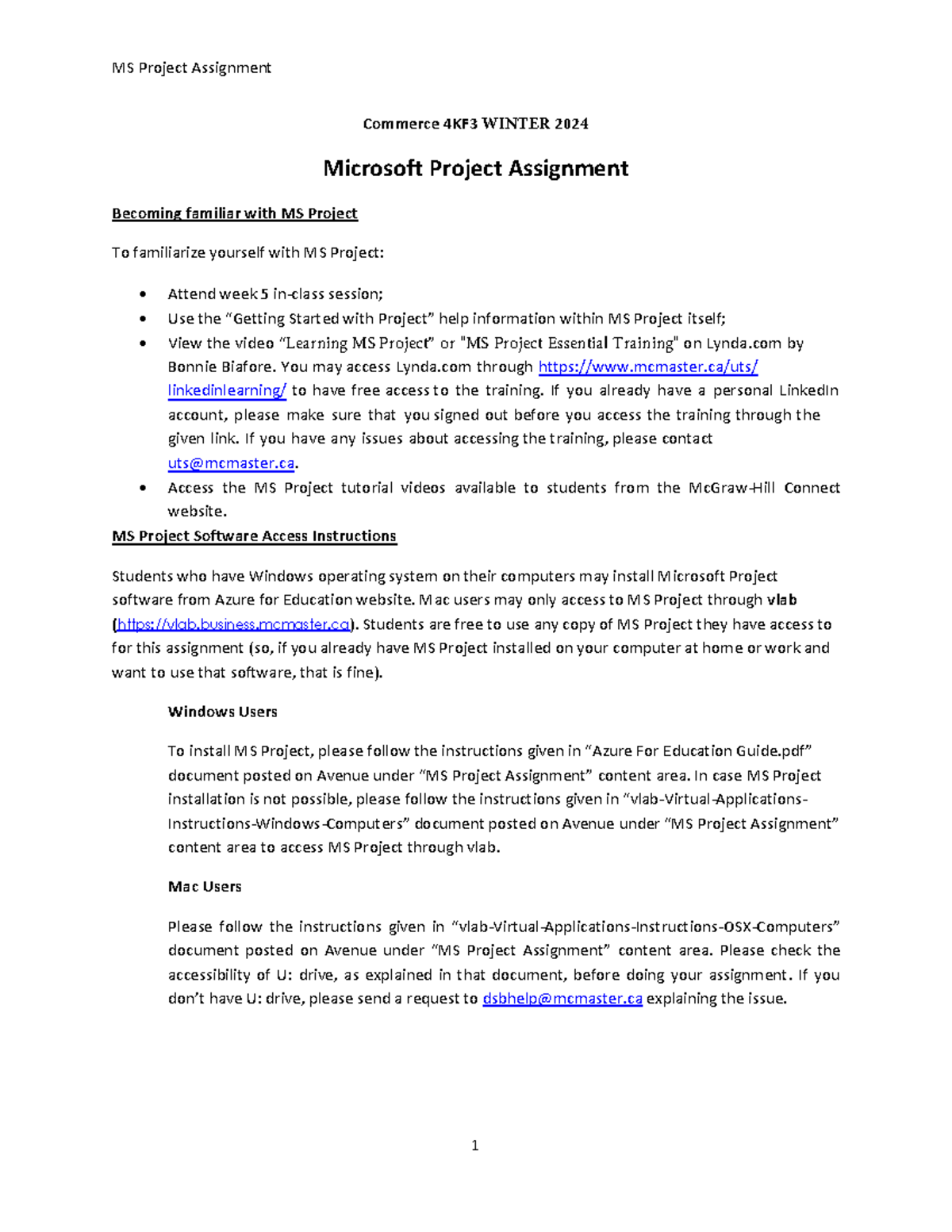 MS Project Assignment 1 - MS Project Assignment 1 Commerce 4KF3 WINTER 2024 Microsoft Project ...