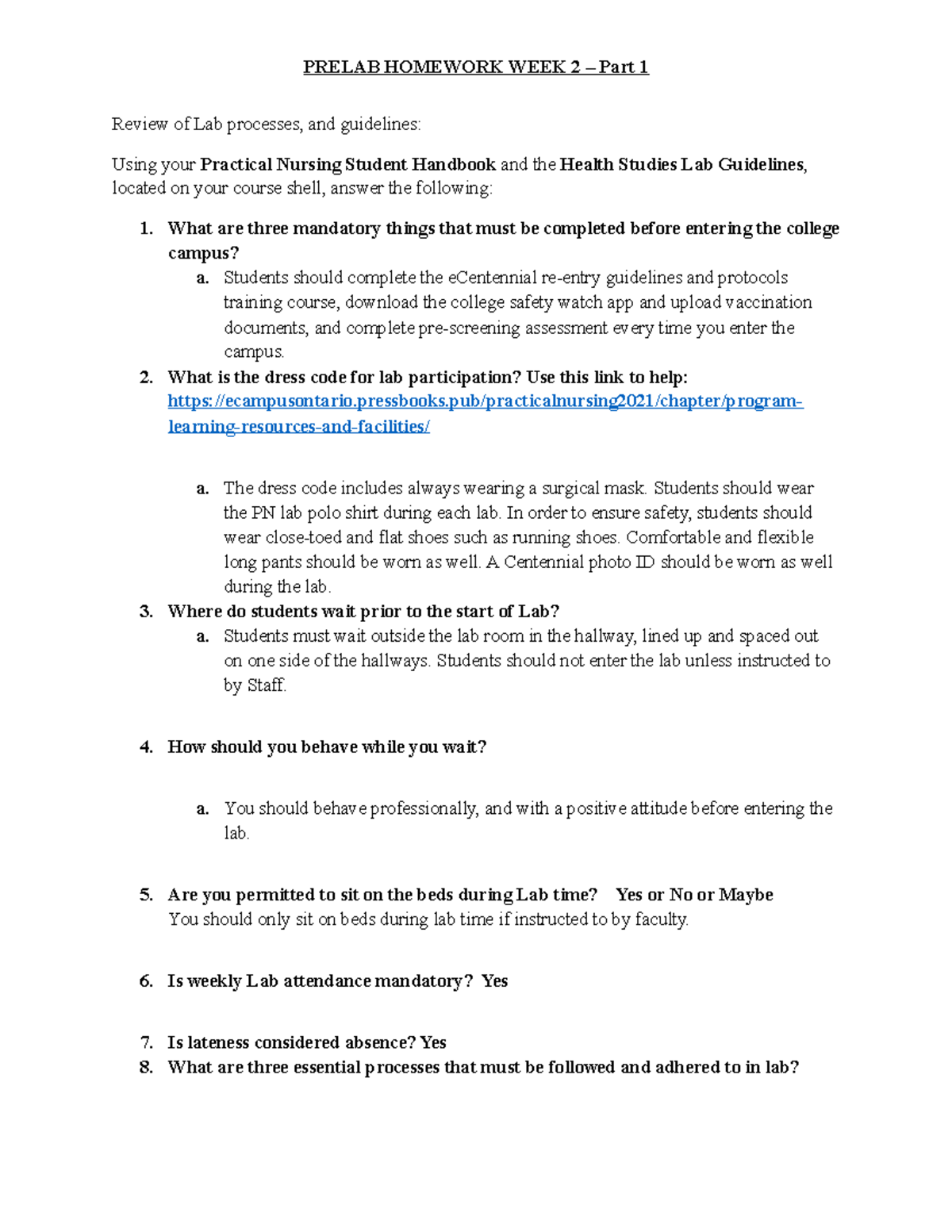 Week 2 Part 1 Prelab Homework - Review of Lab processes, and guidelines: Using your Practical ...