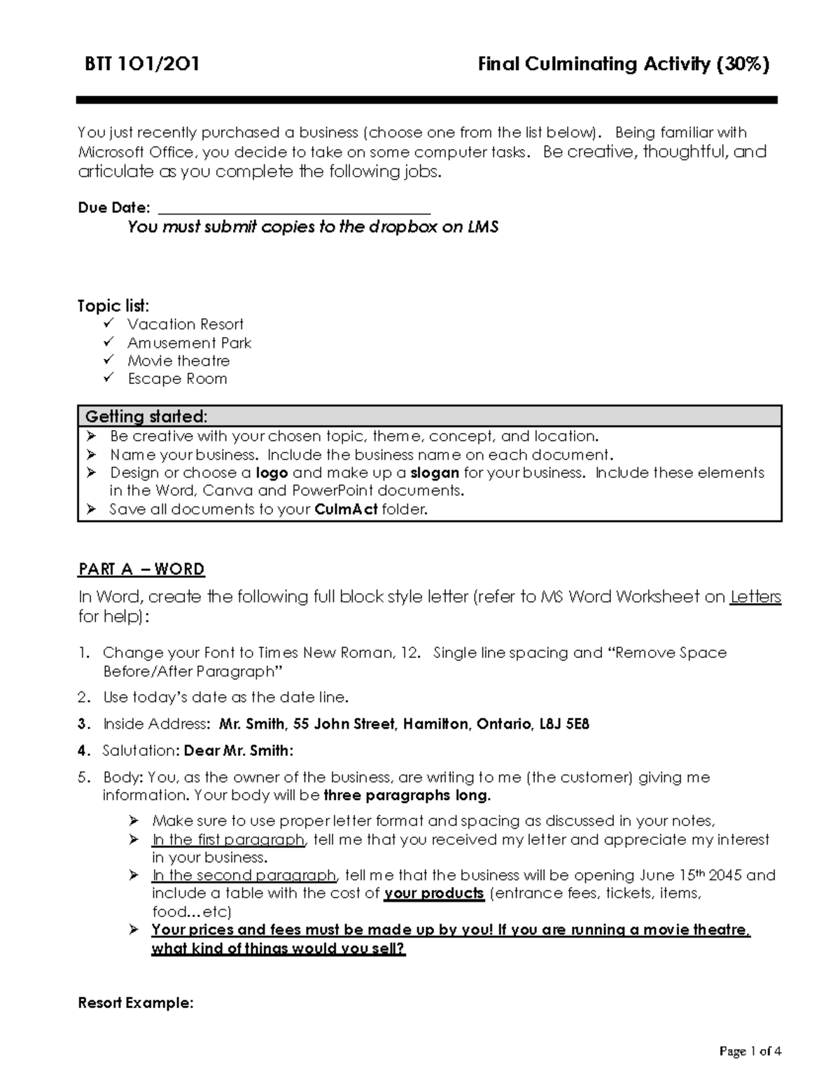 Culminating 2022 - BTT 1O1/2O Final Culminating Activity (30%) You just ...