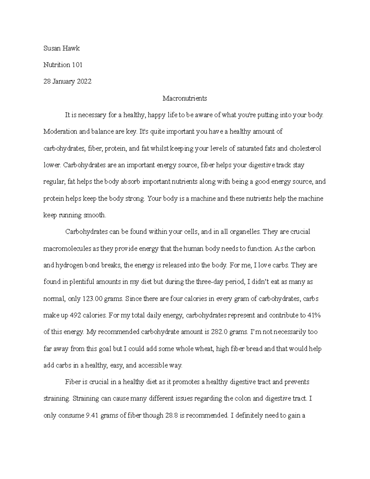 Macronutrients - NUTR 101 Intro to Human Nutrition Sample Essay - Susan ...