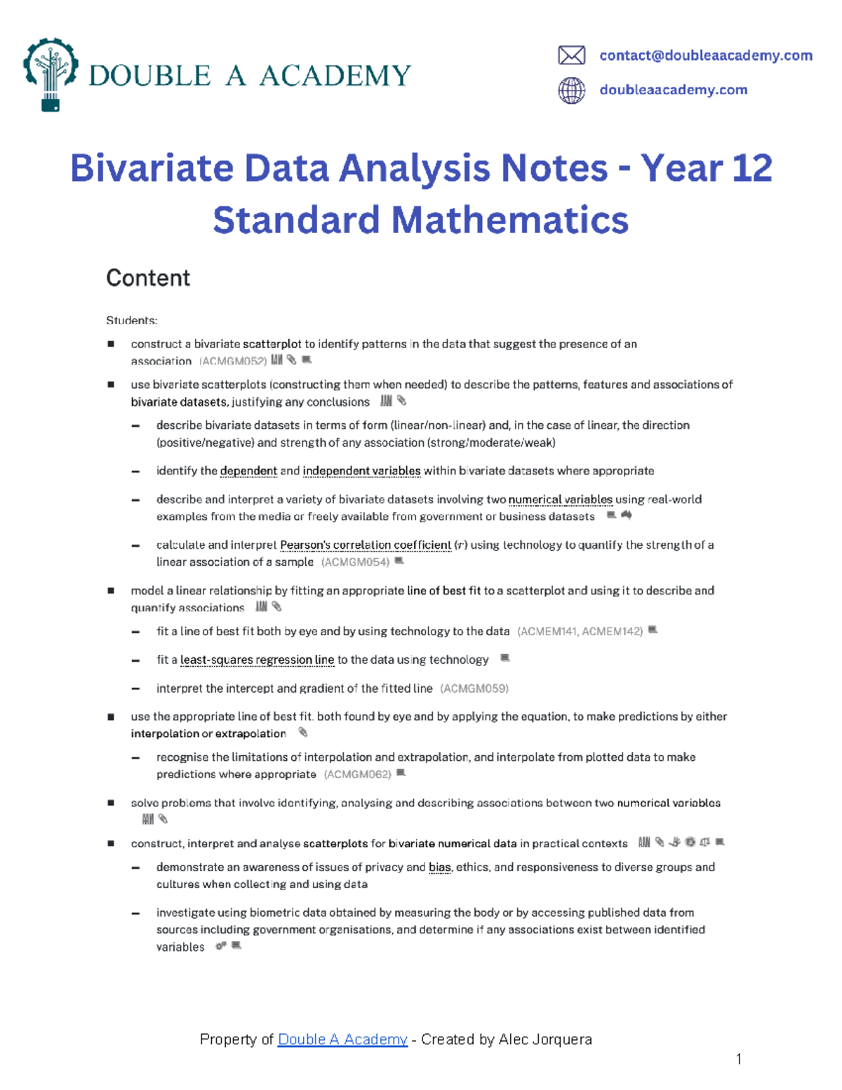 Notes Bivariate Data Analysis - Property of Double A Academy - Created ...