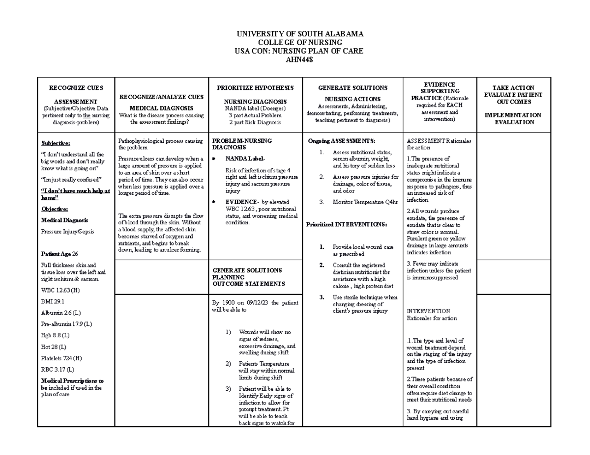 Risk of Infection pressure injury Care Plan - RECOGNIZE CUES ...
