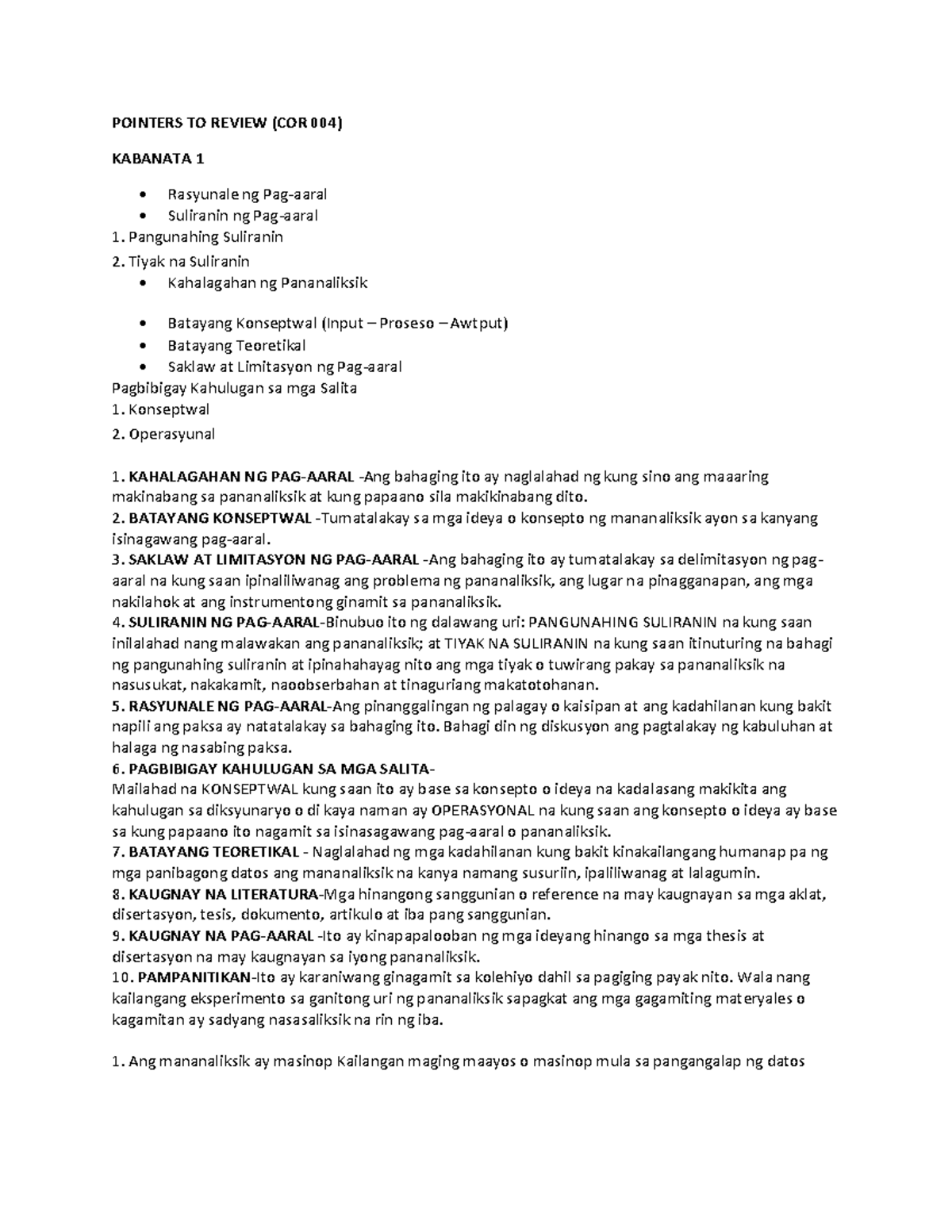 COR-OO4 lecture - POINTERS TO REVIEW (COR 004) KABANATA 1 Rasyunale ng ...