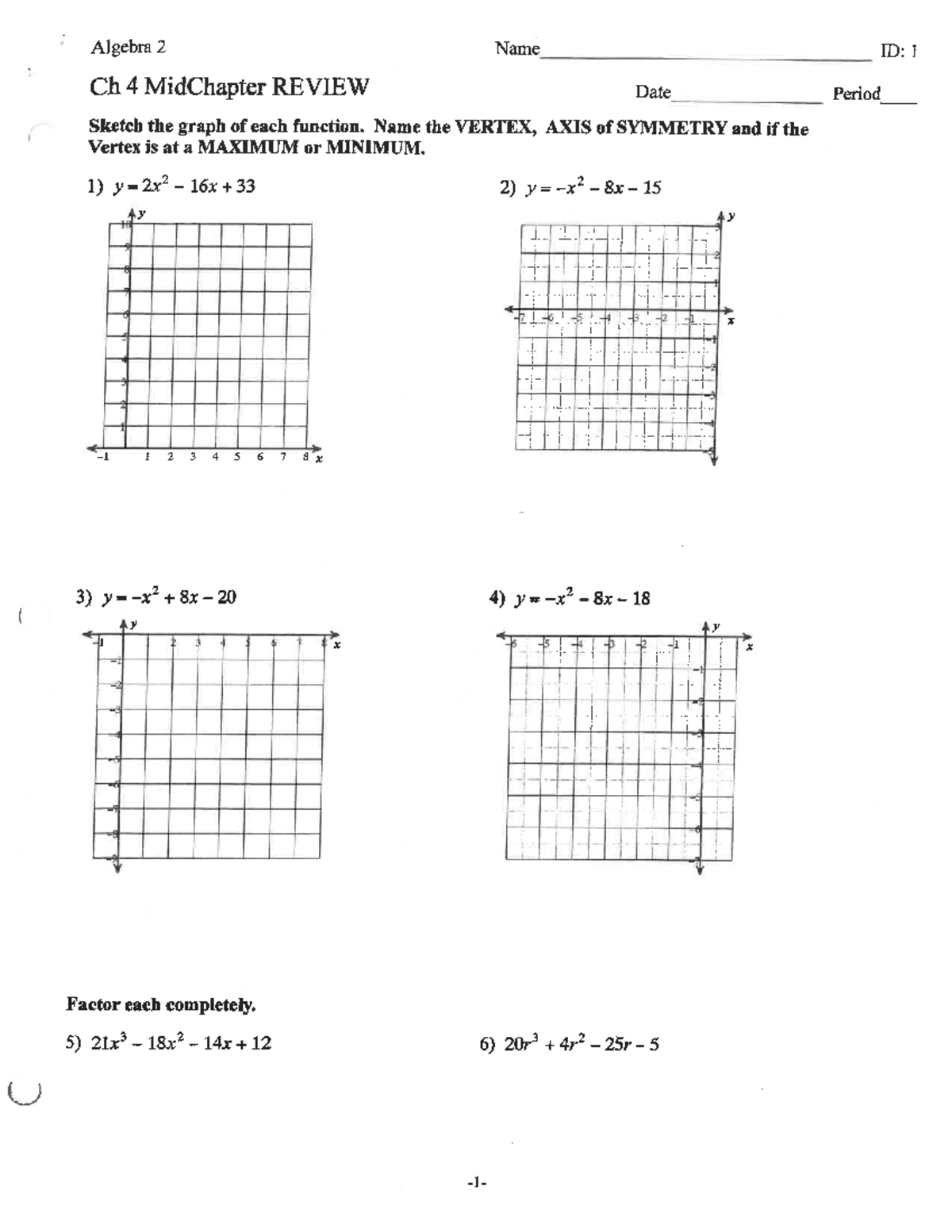 4.1 - 4.4 Mid-Chapter Review - Algebra 2 Name ID: 1 Ch 4 MidChapter ...