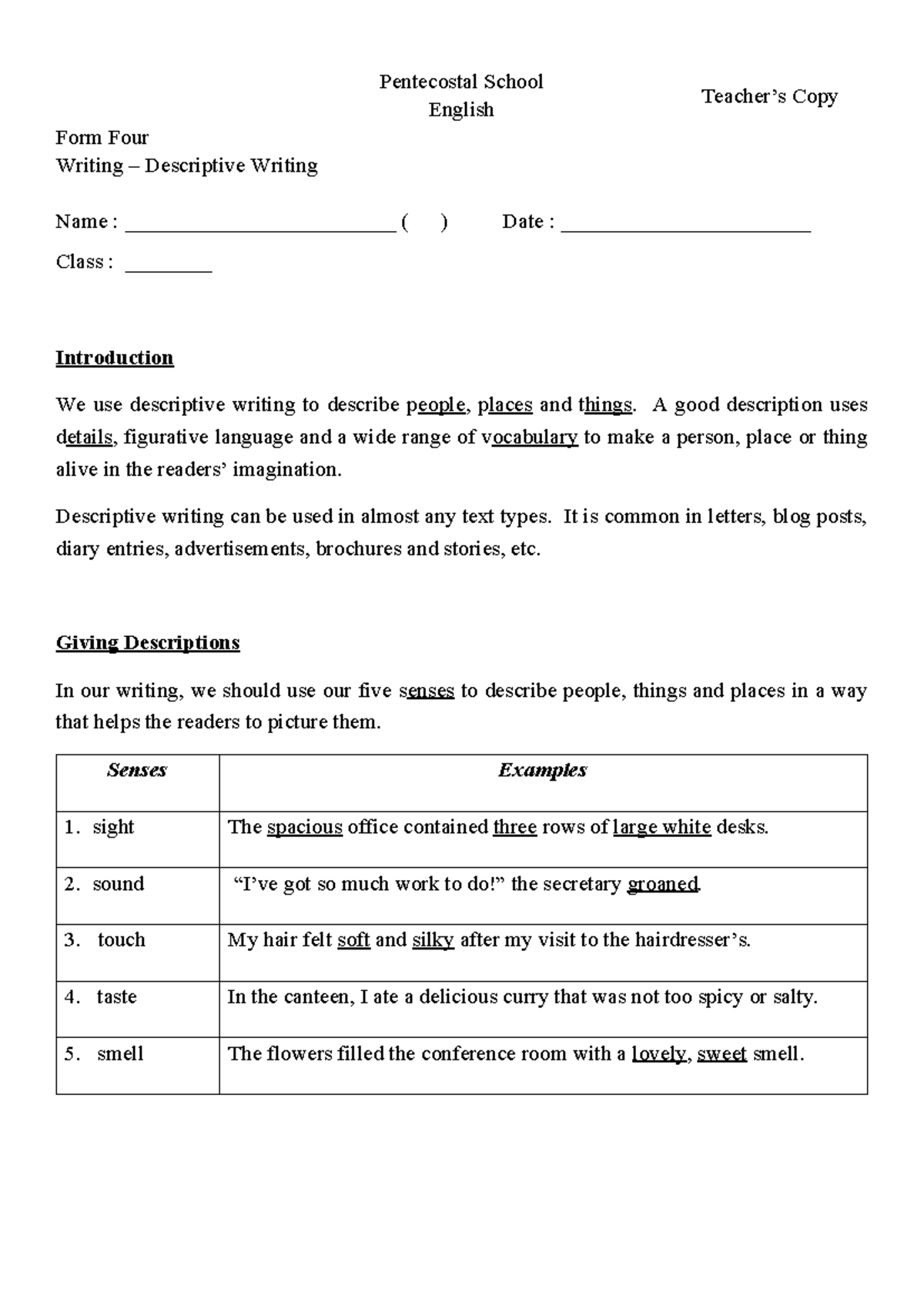 Descriptive Writing Teacher's Copy (R) - Pentecostal School English ...