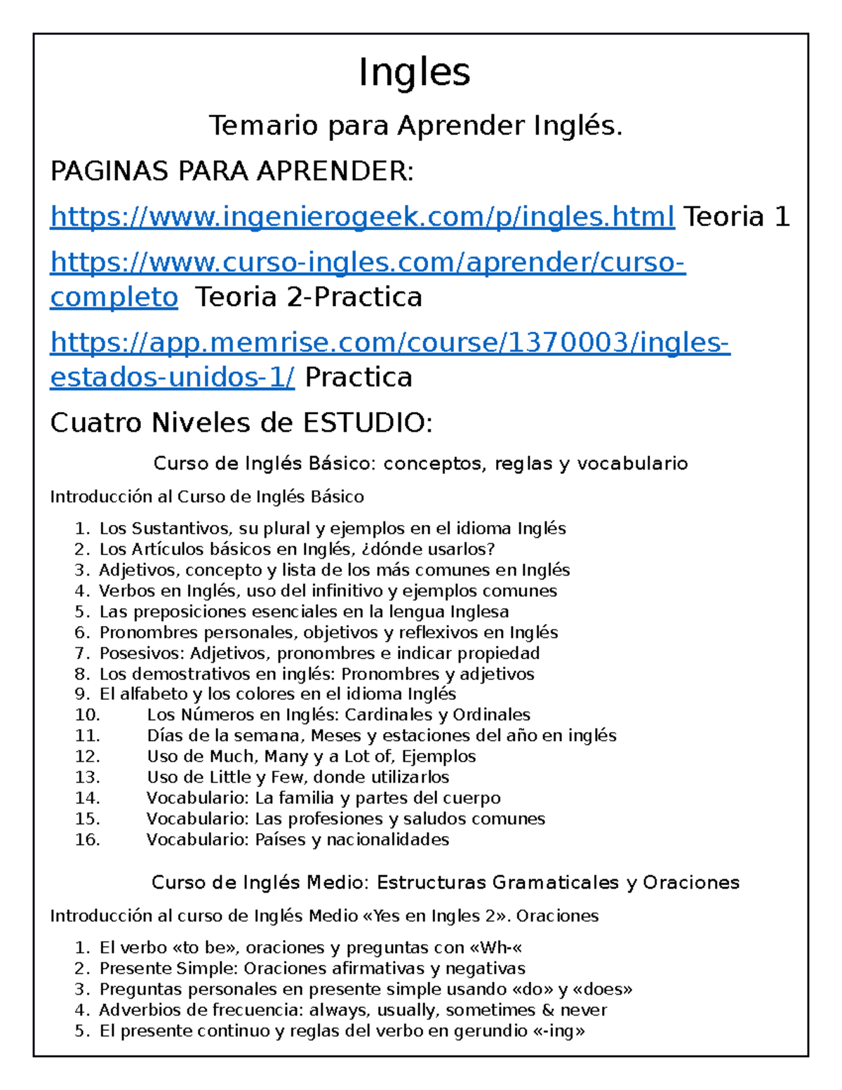 Programa para aprender Ingles - Ingles Temario para Aprender Inglés. PAGINAS PARA APRENDER ...