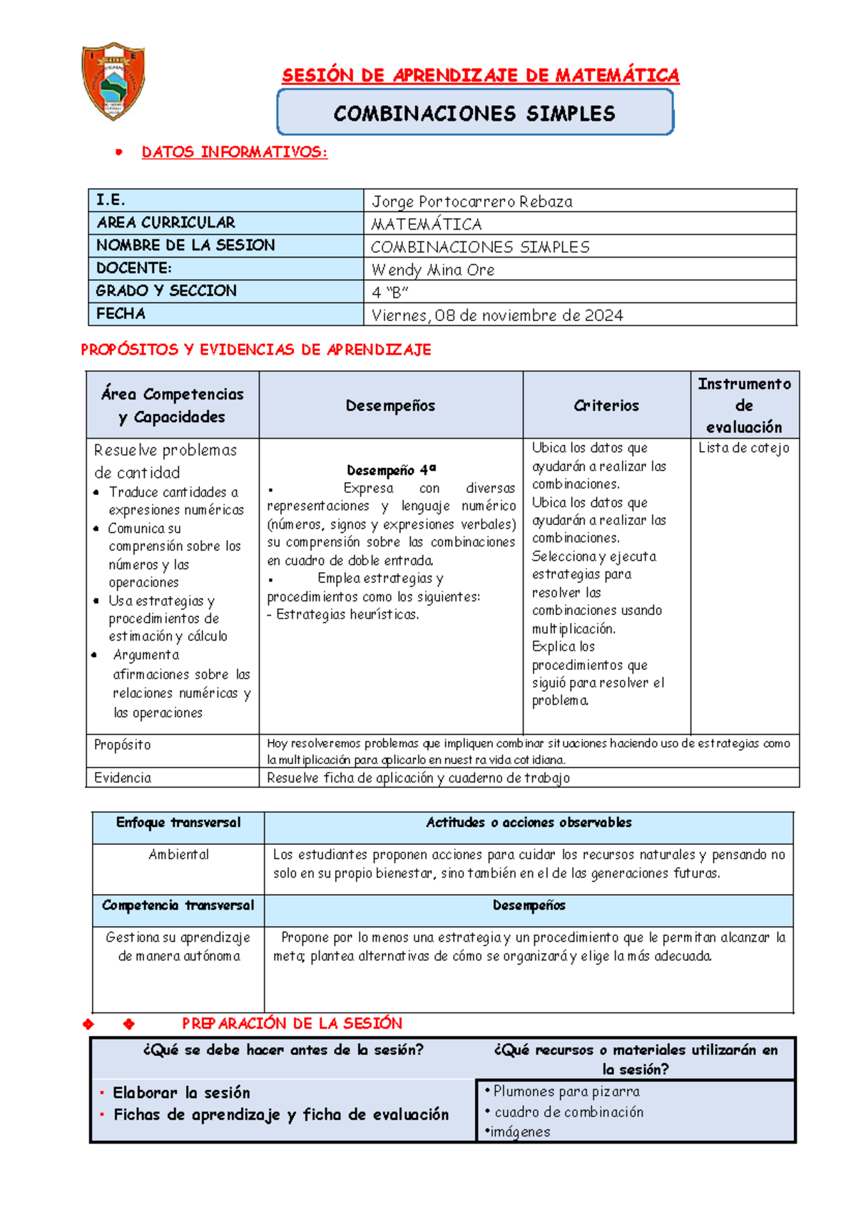 Combinaciones Simples Matemática - SESIÓN DE APRENDIZAJE DE MATEMÁTICA ...