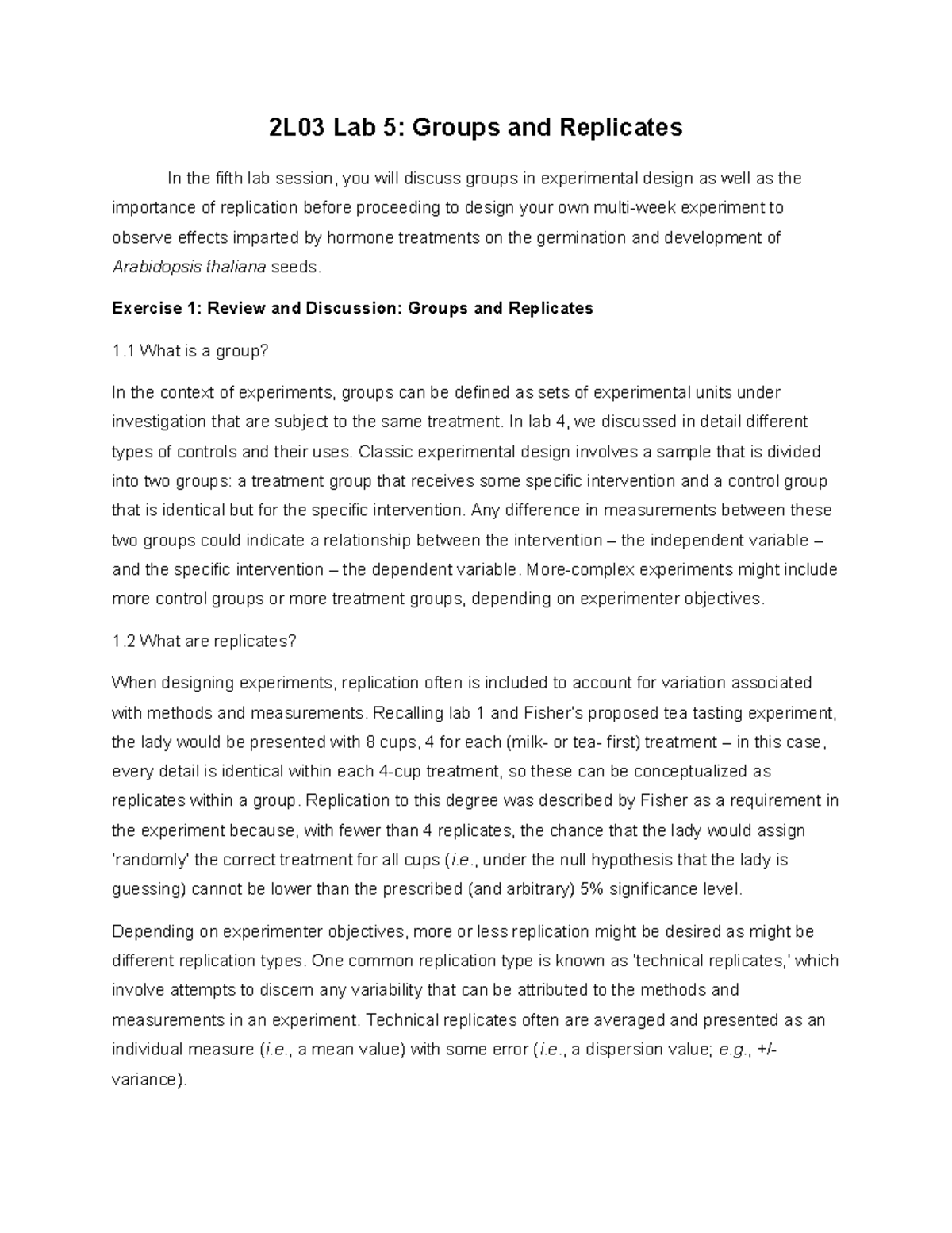 Lab 5 manual - 2L03 Lab 5: Groups and Replicates In the fifth lab ...