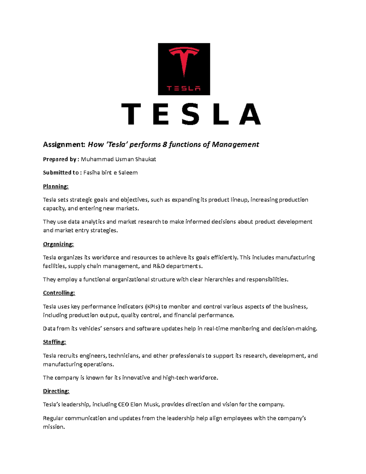 Tesla Muhammad Usman Shaukat - T E S L A Assignment: How ‘Tesla ...