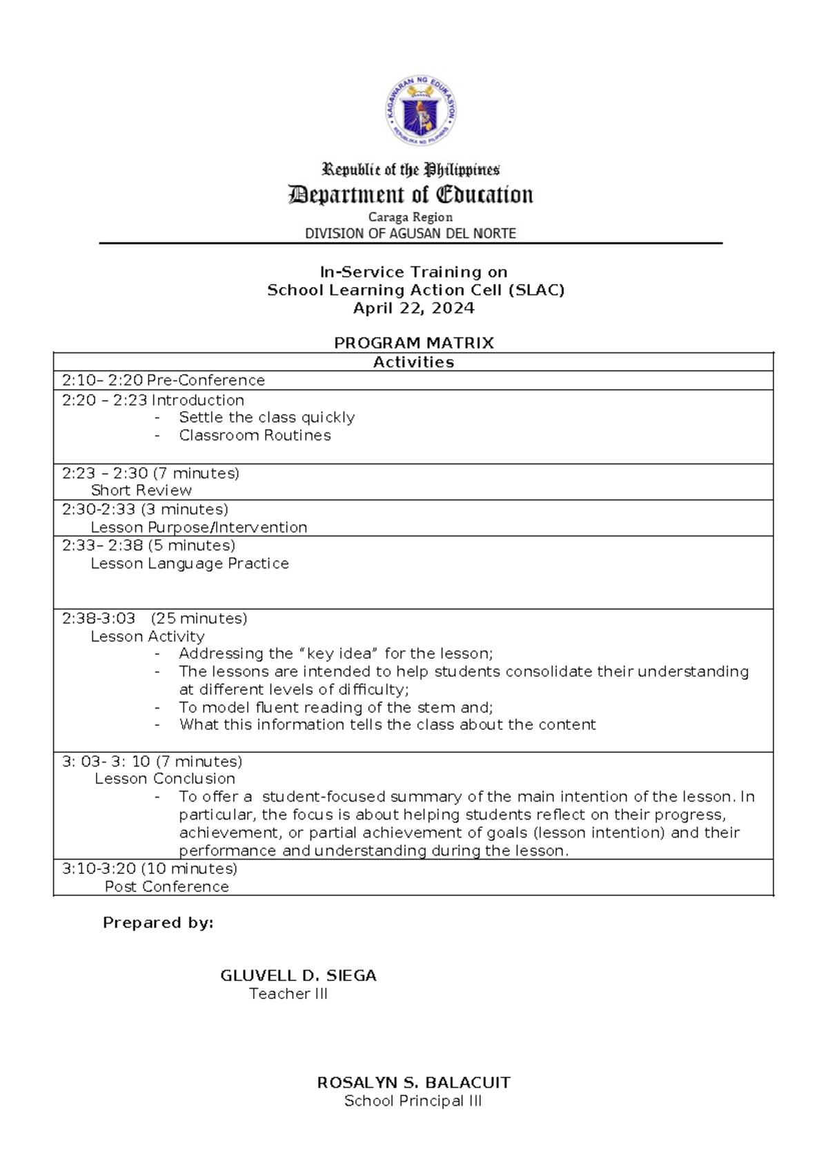 Program matrix - In-Service Training on School Learning Action Cell ...