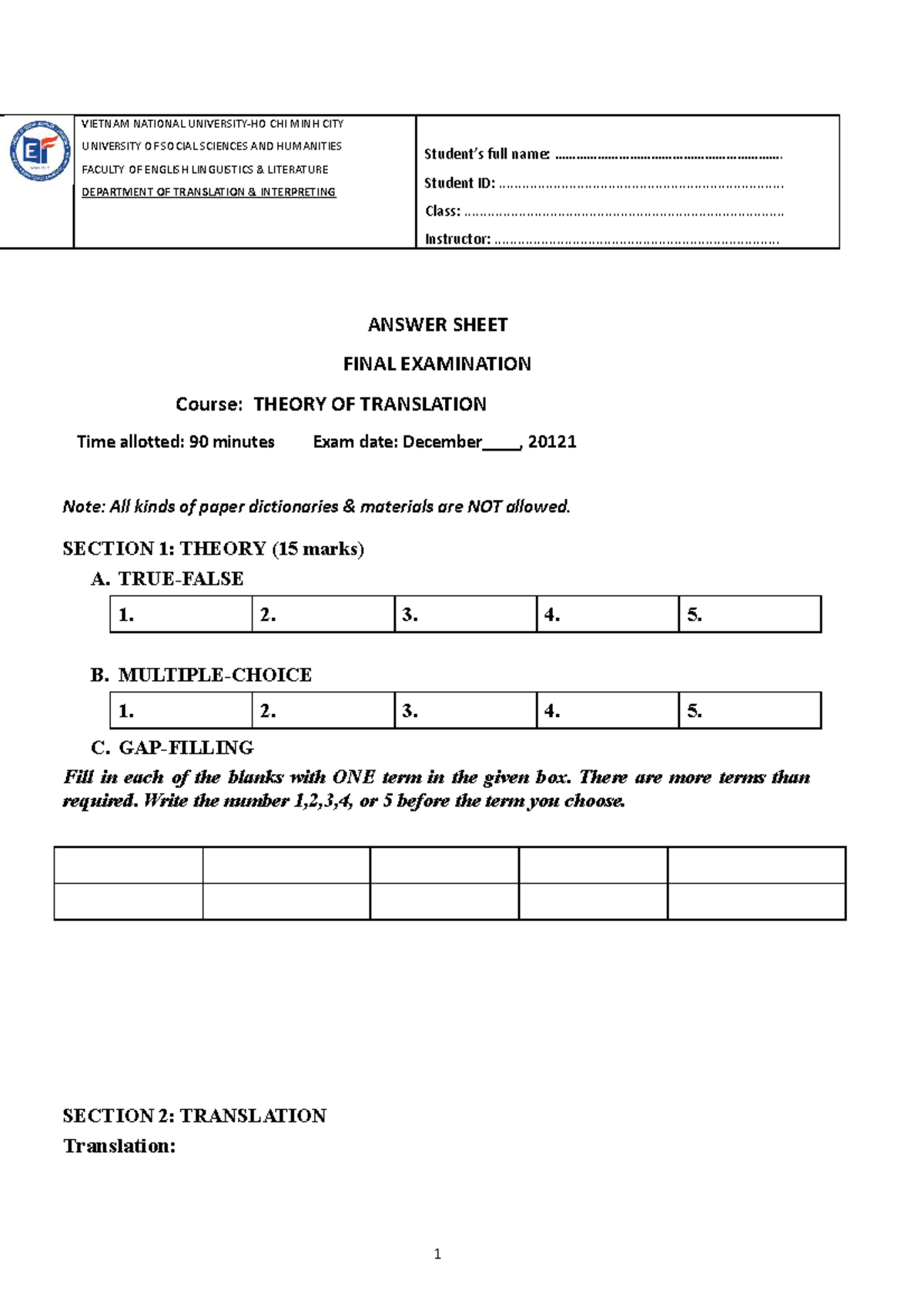 FORM Answer Sheet- FOR Translation Quality Assessment - VIETNAM ...