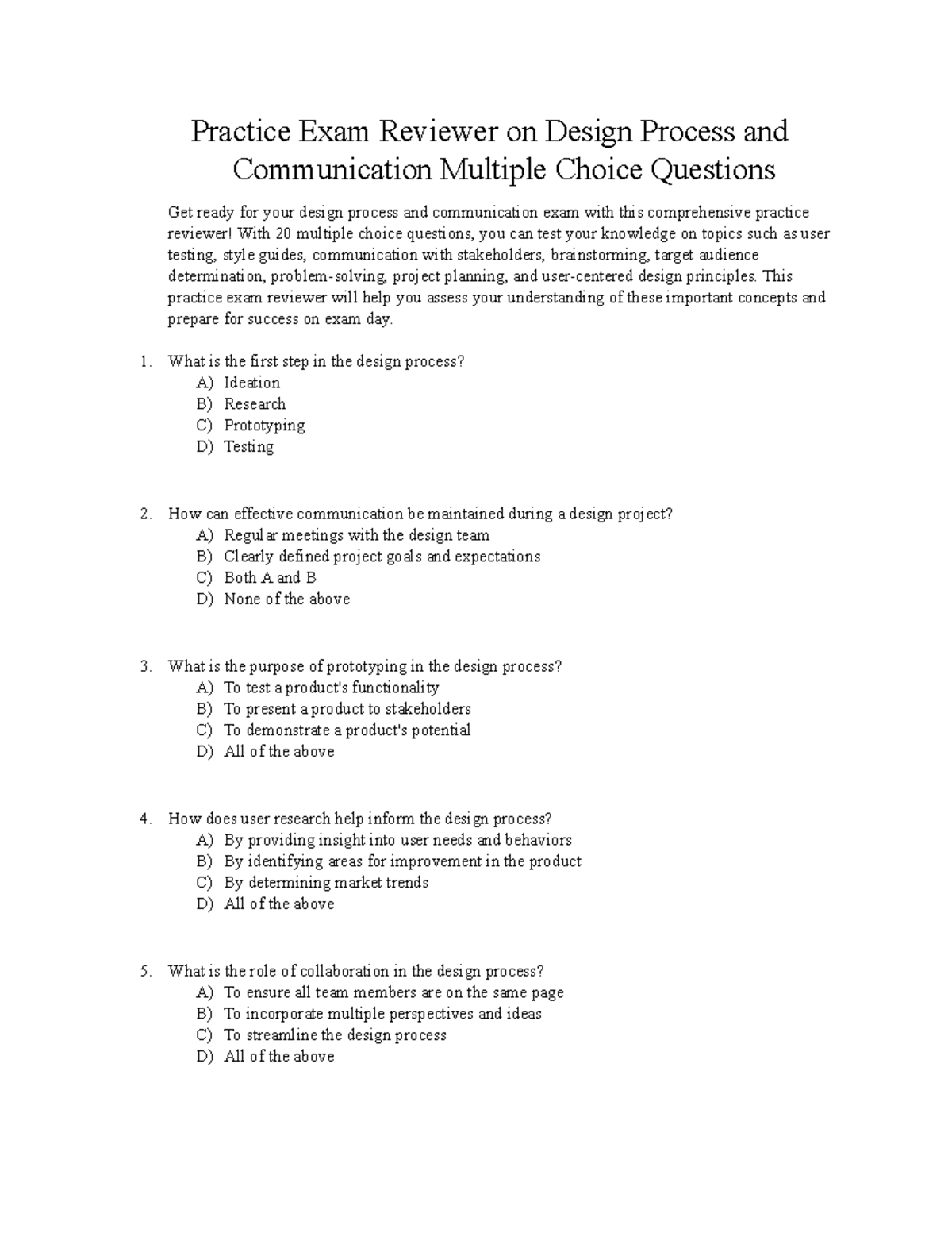 Practice Exam Reviewer on Design Process and Communication Multiple ...
