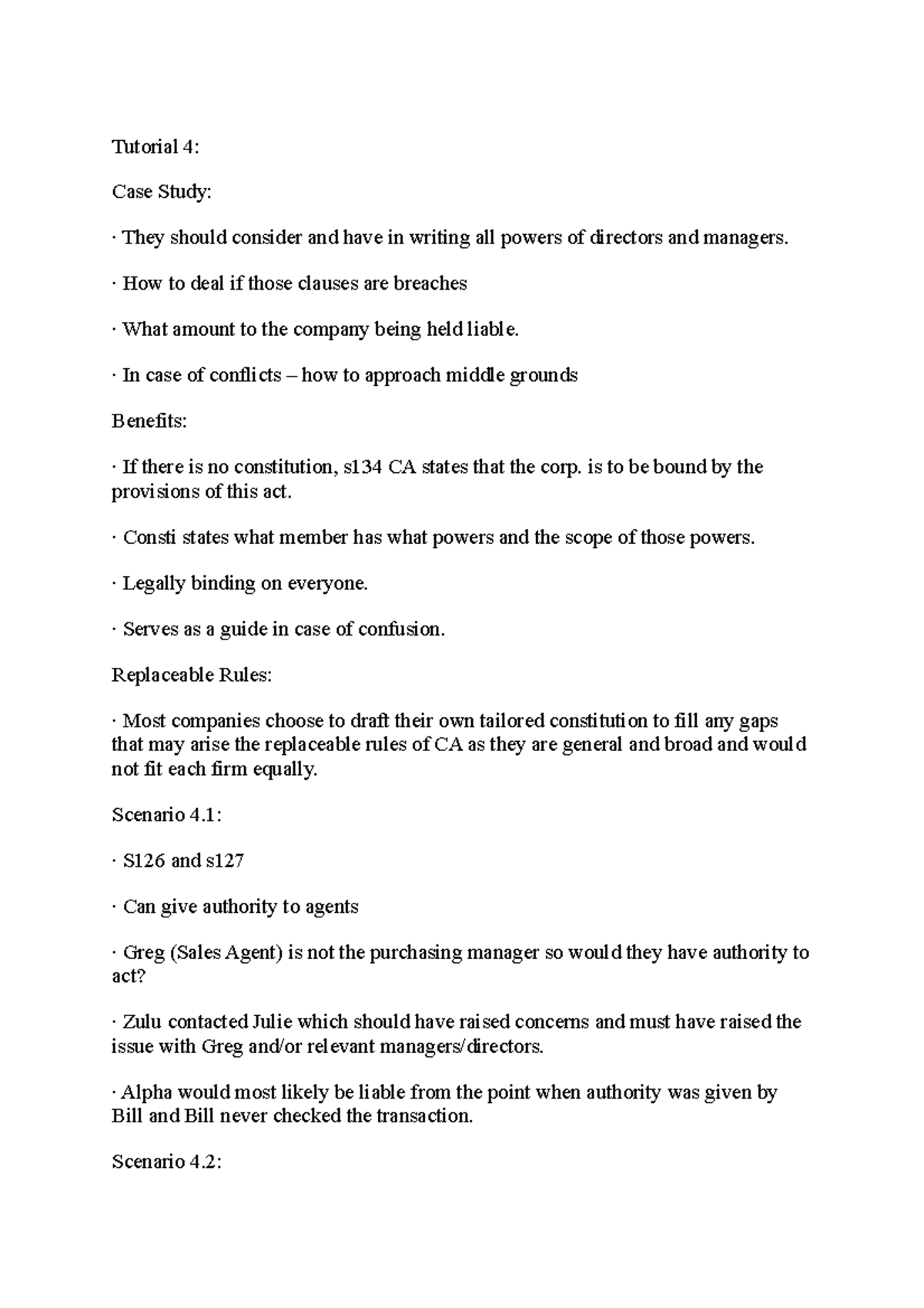 Tutorial 4 - Tutorial 4: Case Study: · They should consider and have in writing all powers of ...