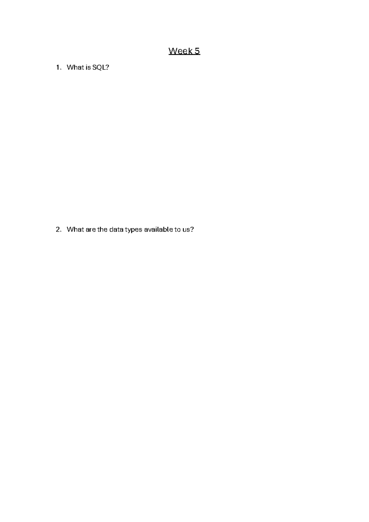 Week 5 in Class Printout - Week 5 What is SQL? What are the data types ...