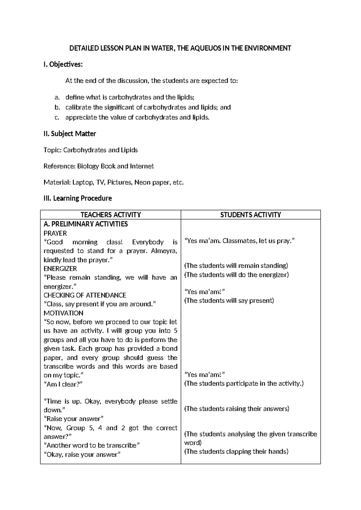 Detailed Lesson Plan - DETAILED LESSON PLAN IN WATER, THE AQUEUOS IN ...