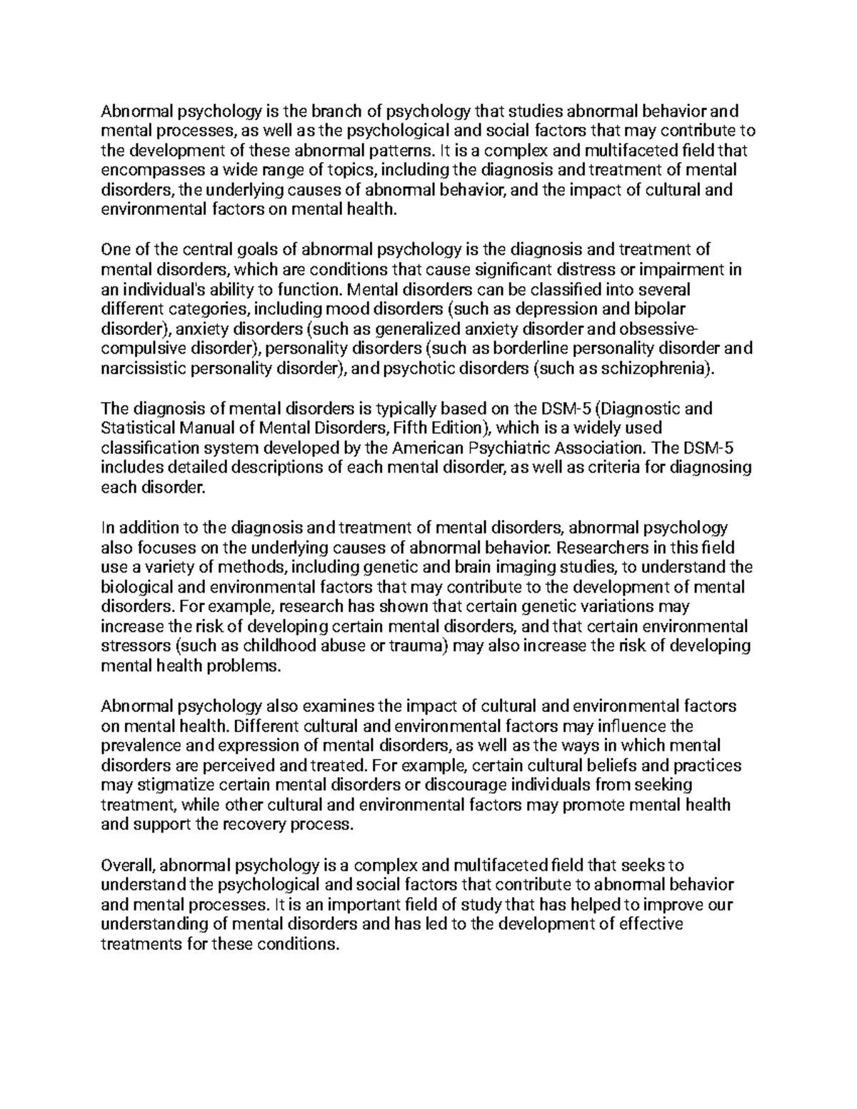 Intro to abnormal psyc - Abnormal psychology is the branch of ...