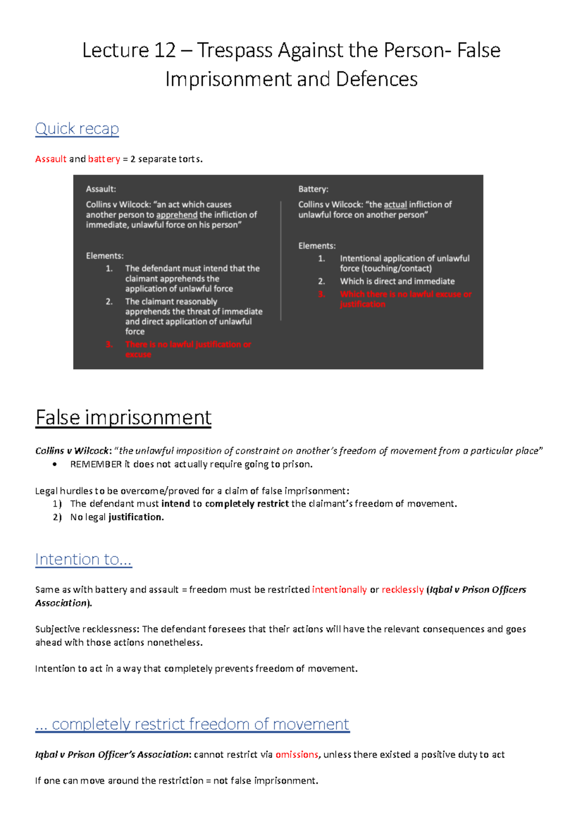 These are Lecture 12 notes False Imprisonment and Defences - Lecture 12 ...