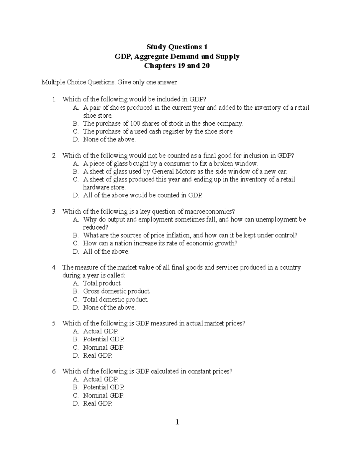 Study Questions, Macroeconomics - Study Questions 1 GDP, Aggregate ...