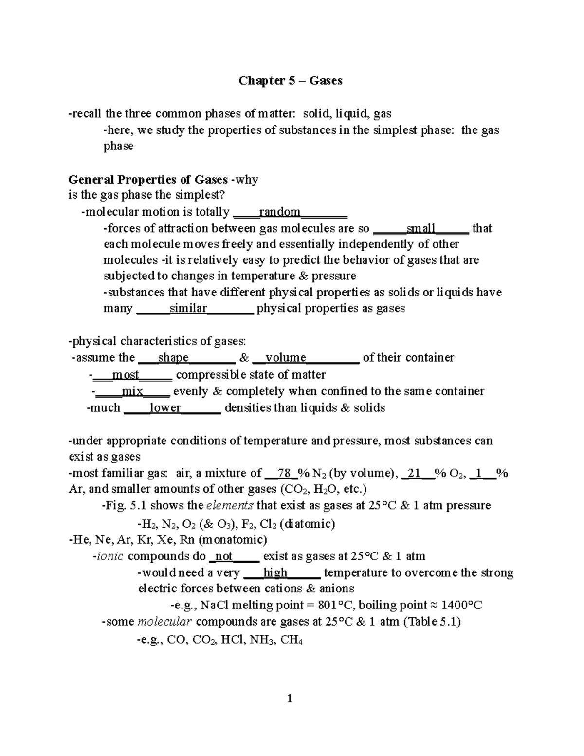 150 ch5 notes student - Chapter 5 – Gases -recall the three common ...