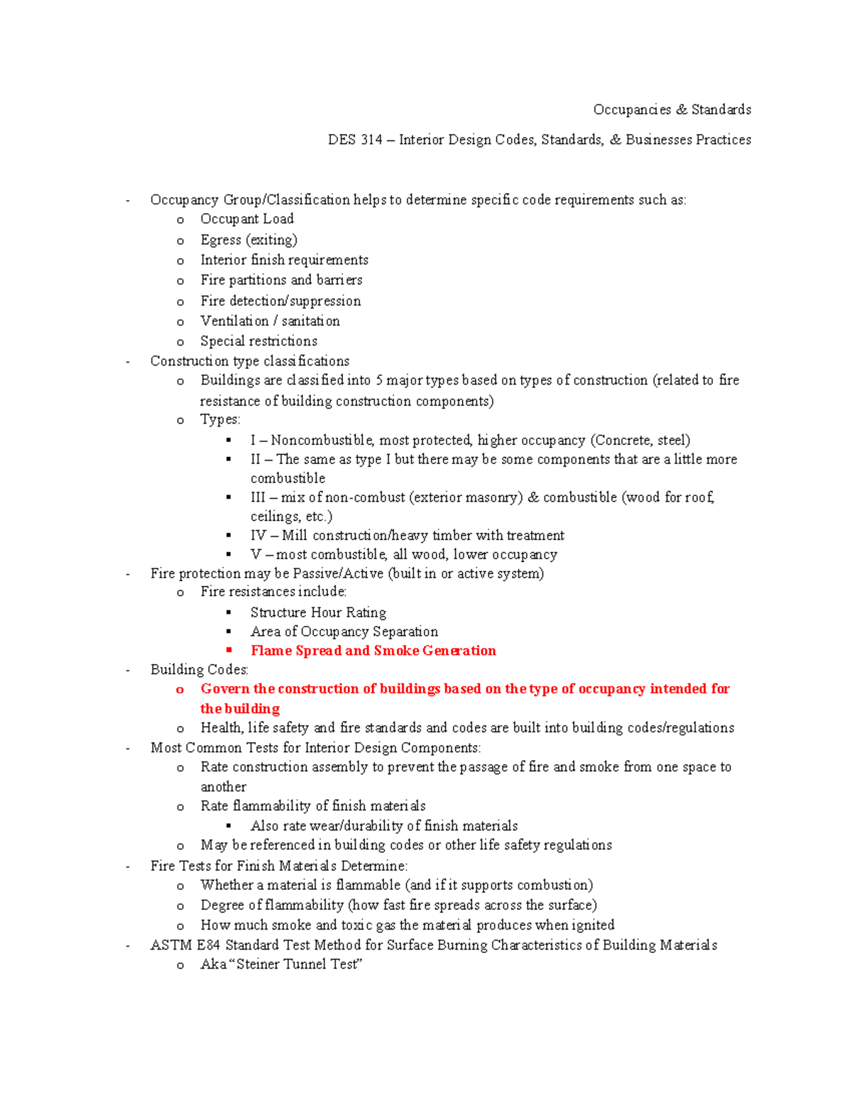 Occupancies and Standards - Occupancies & Standards DES 314 – Interior ...